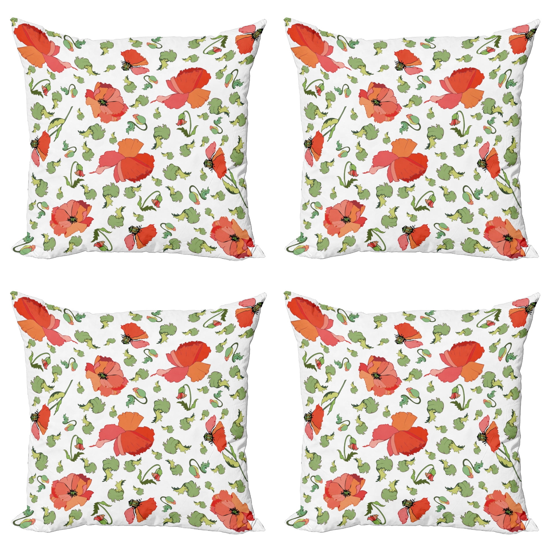 Ambesonne Poppy Flower Throw Pillow Cover 4 Pack, Scattered Buds Stem ...