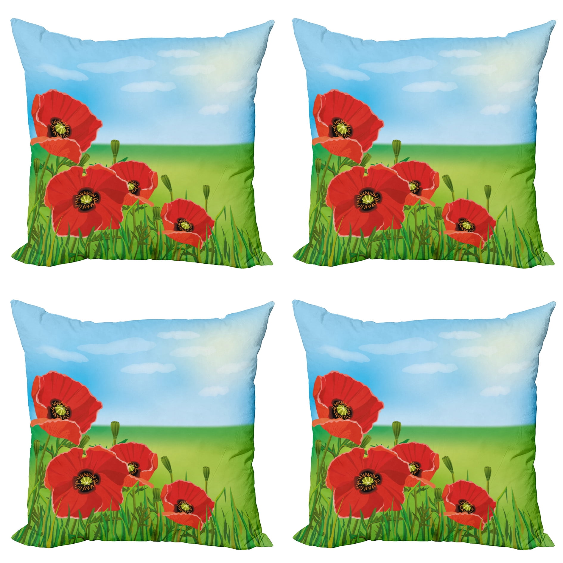 Ambesonne Poppy Flower Throw Pillow Cover 4 Pack, Sunny Day Red ...