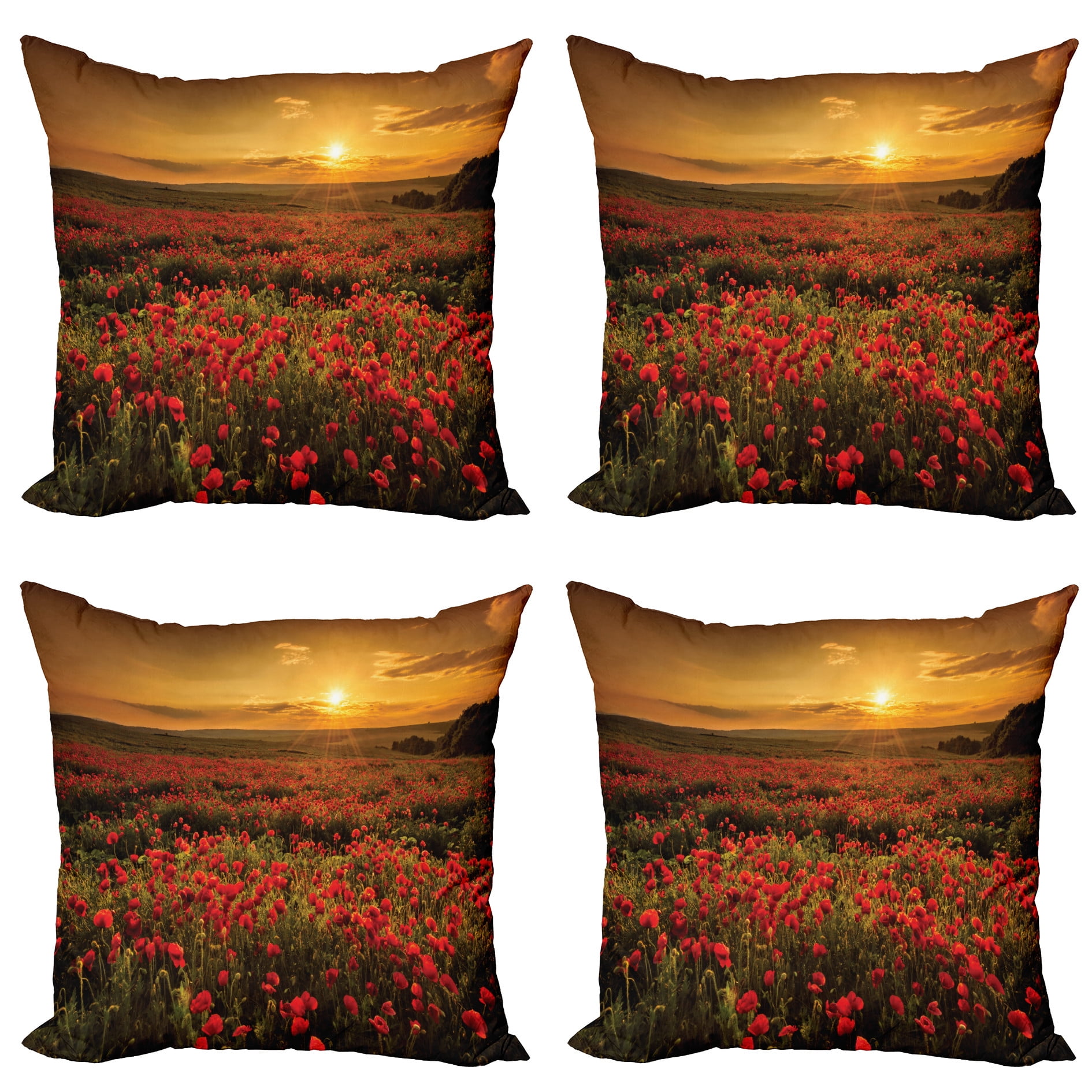 Ambesonne Poppy Flower Throw Pillow Cover 4 Pack, Sunset Meadow ...