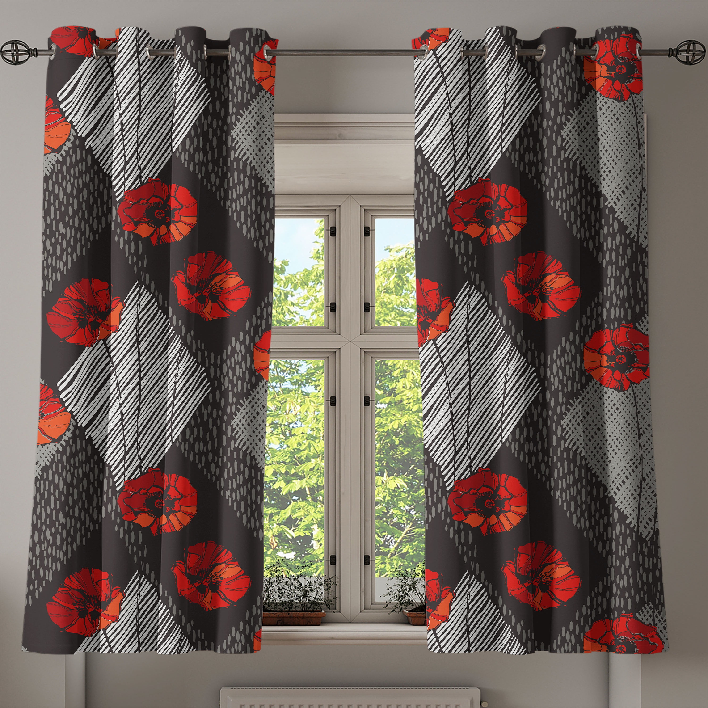 Ambesonne Poppy Grommet Curtain, Boho Abstract Flowers Neutral, 50"x60 ...