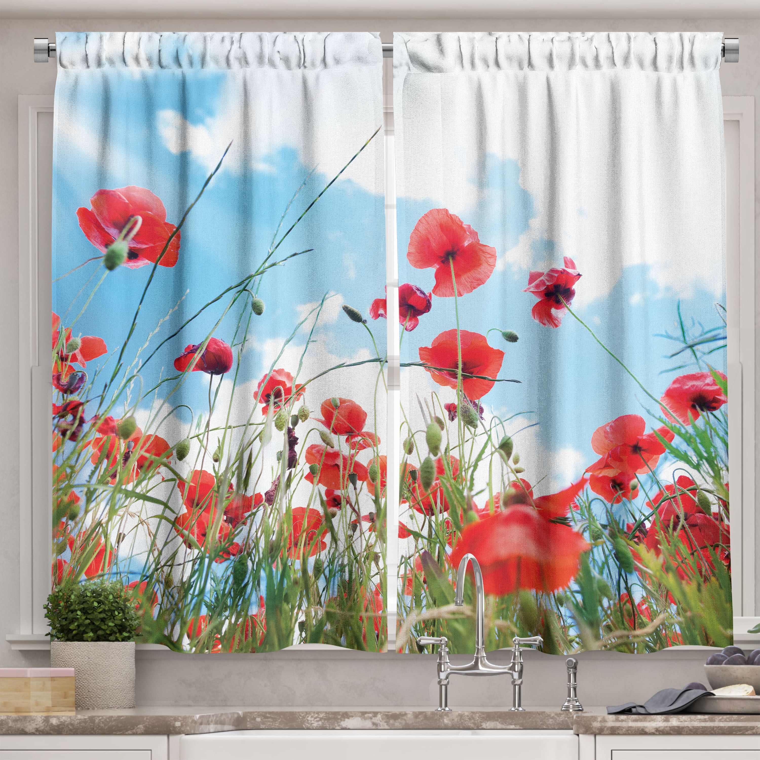Ambesonne Poppy Kitchen Curtains, Scenery Red Flowers Field, 55"x39 ...