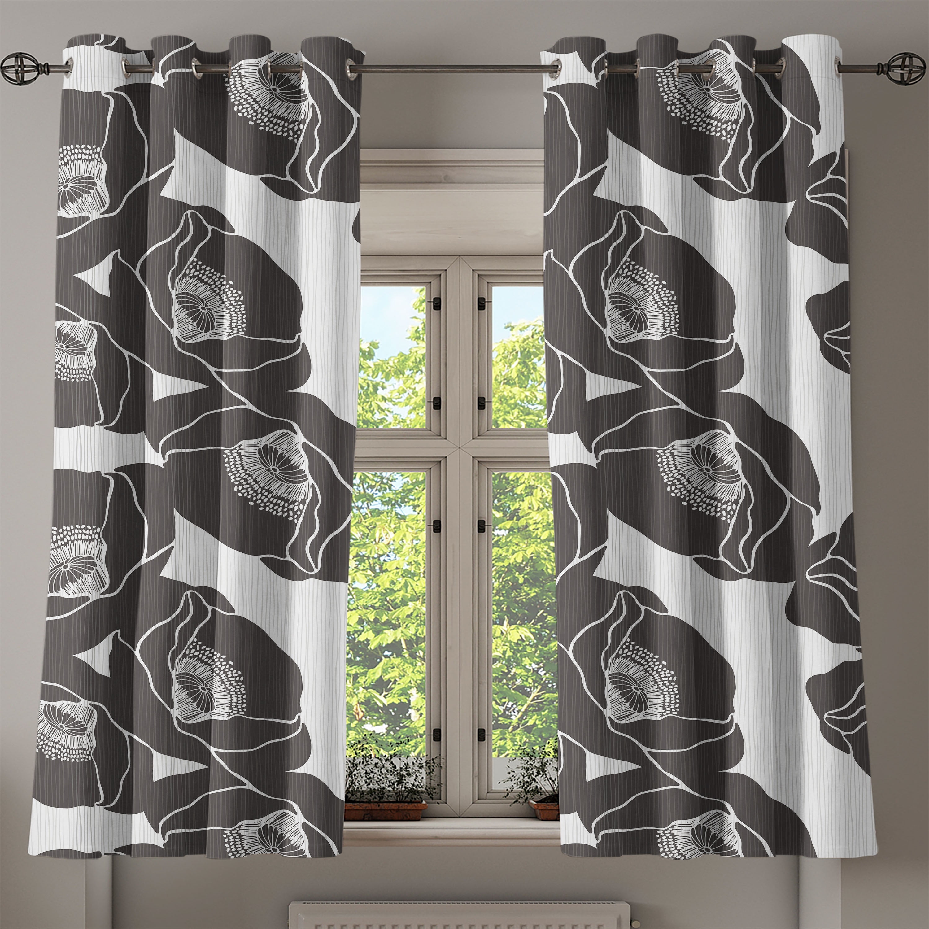 Ambesonne Poppy Pattern Grommet Curtain, Modern Floral Neutral, 50"x60 ...