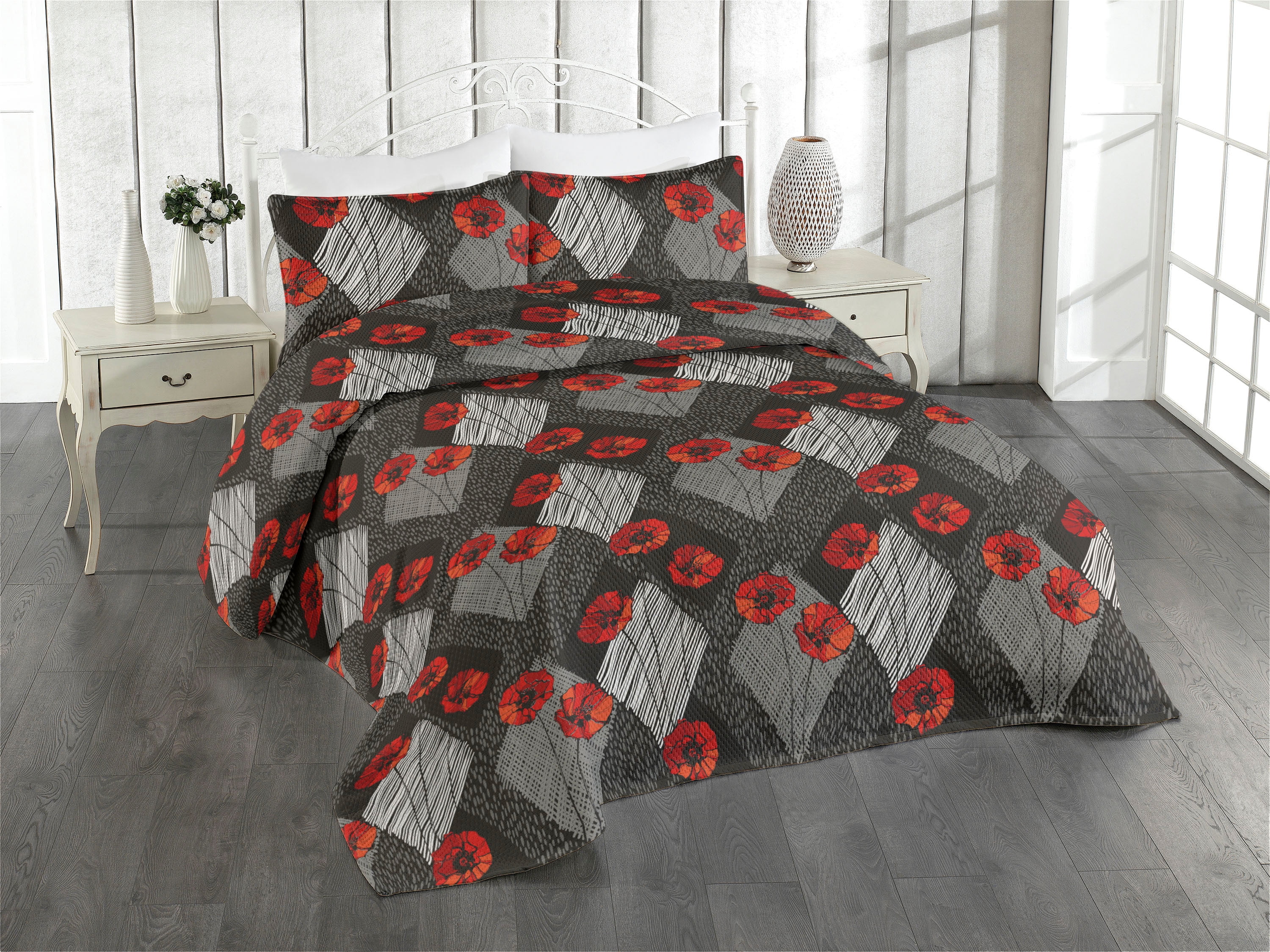 Ambesonne Poppy Quilted Bedspread Set 3 Pcs, Boho Abstract Flowers ...