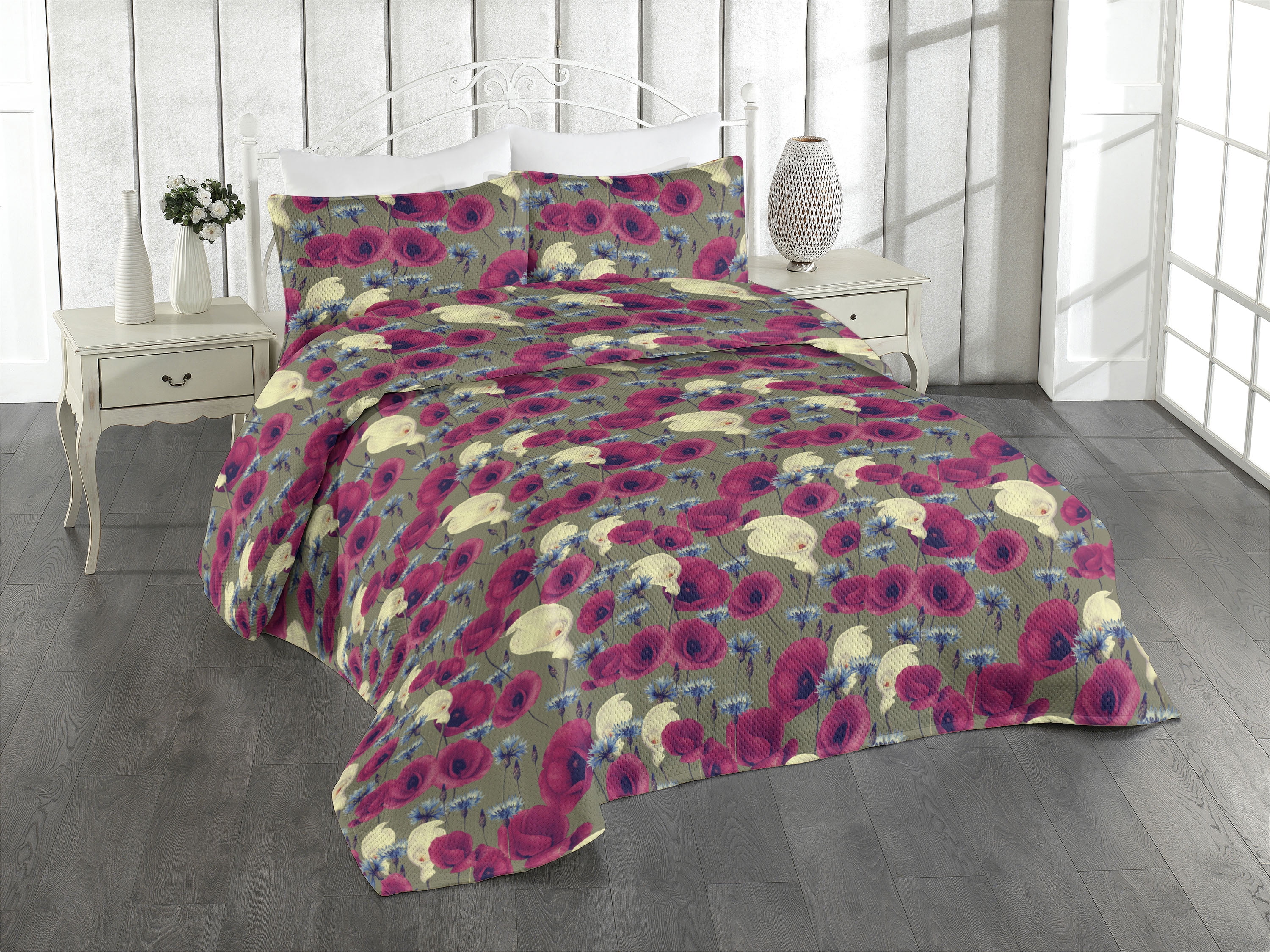 Ambesonne Poppy Quilted Bedspread Set 3 Pcs, Floral Composition Garden ...
