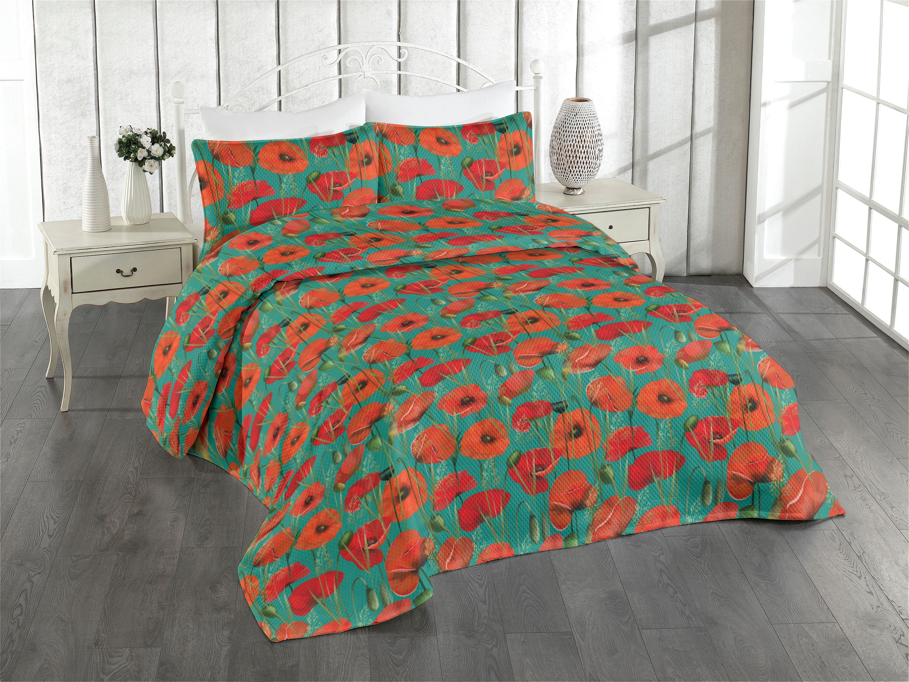 Ambesonne Poppy Quilted Bedspread Set 3 Pcs, Retro Meadow Flowers ...