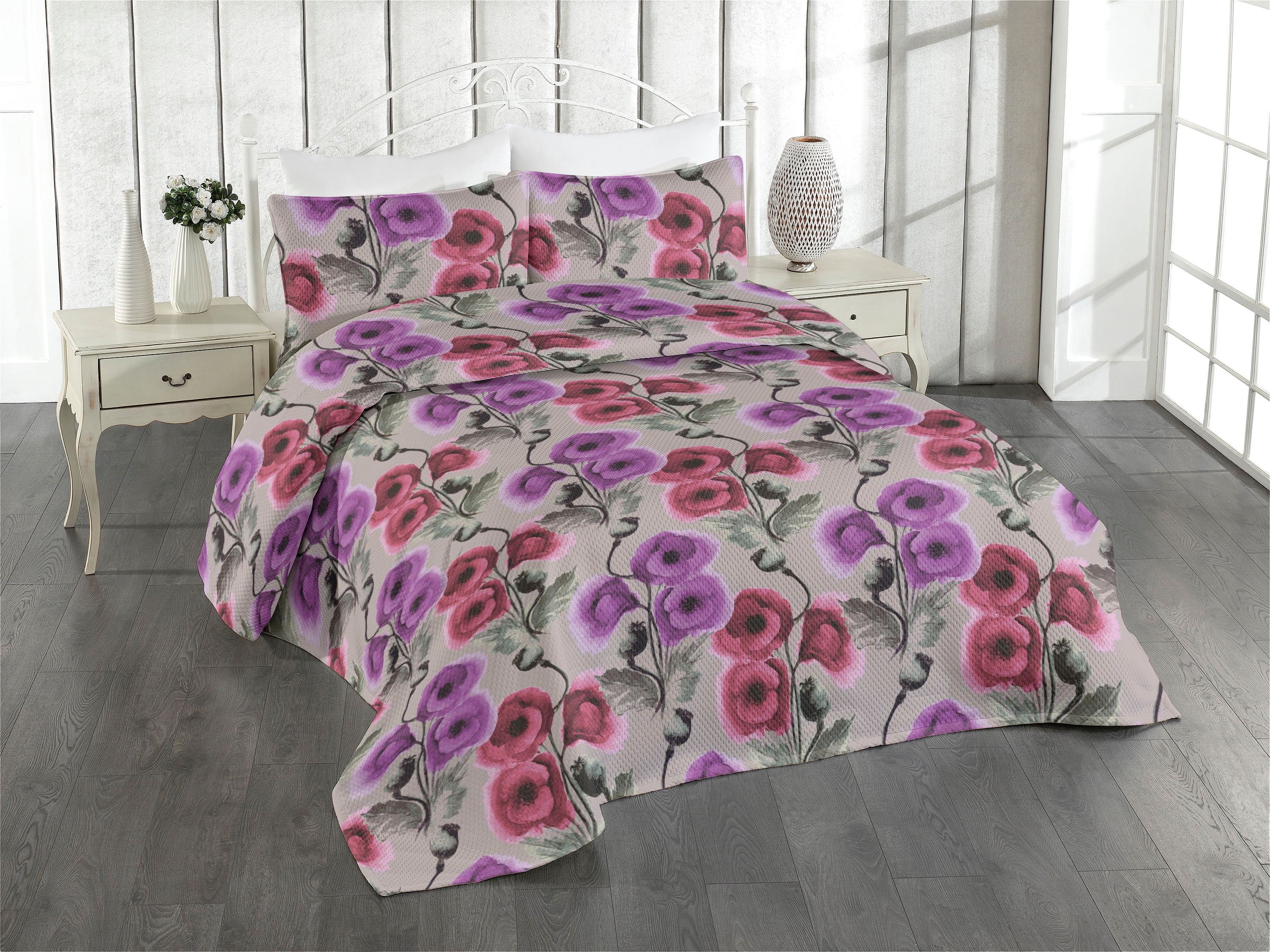 Ambesonne Poppy Quilted Bedspread Set 3 Pcs, Vertical Floral Pattern ...