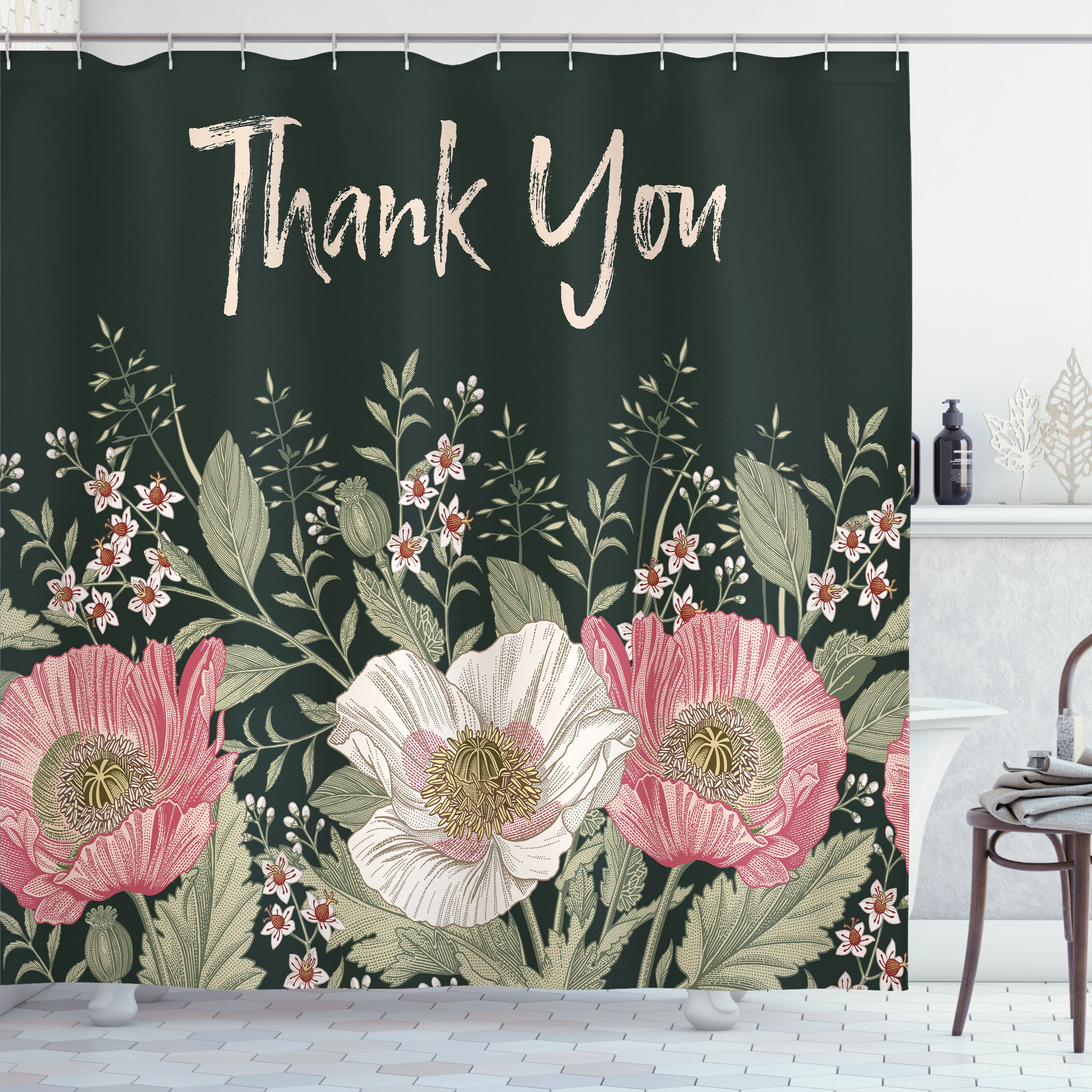 Ambesonne Poppy Shower Curtain, Thank You Text Floral Print, 69"Wx70"L ...