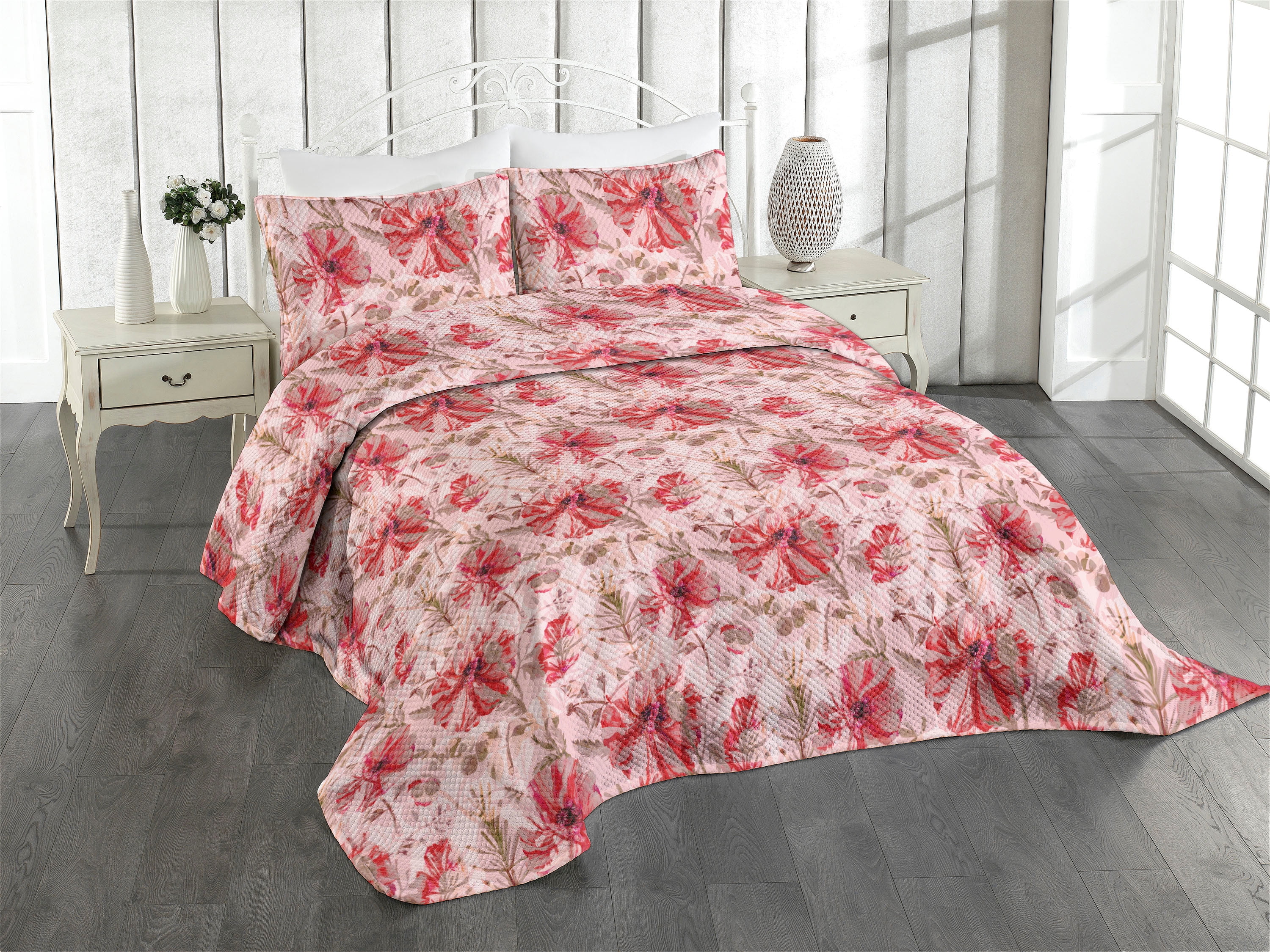 Ambesonne Poppy Themed Quilted Coverlet 3 Pcs, Retro Cottagecore Art ...