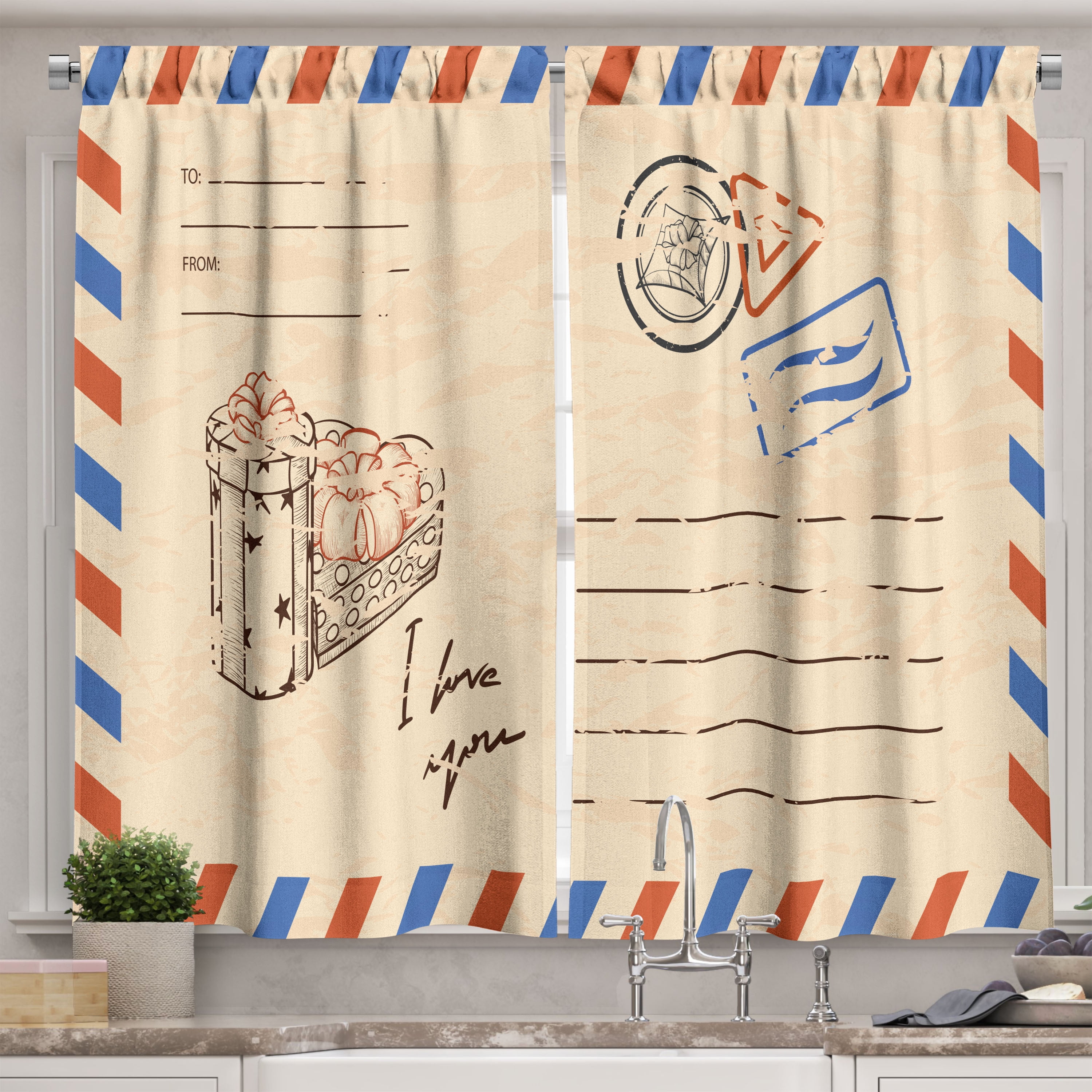 Ambesonne Postcard Kitchen Curtains, Vintage Lettercard Art, 55"x30 ...