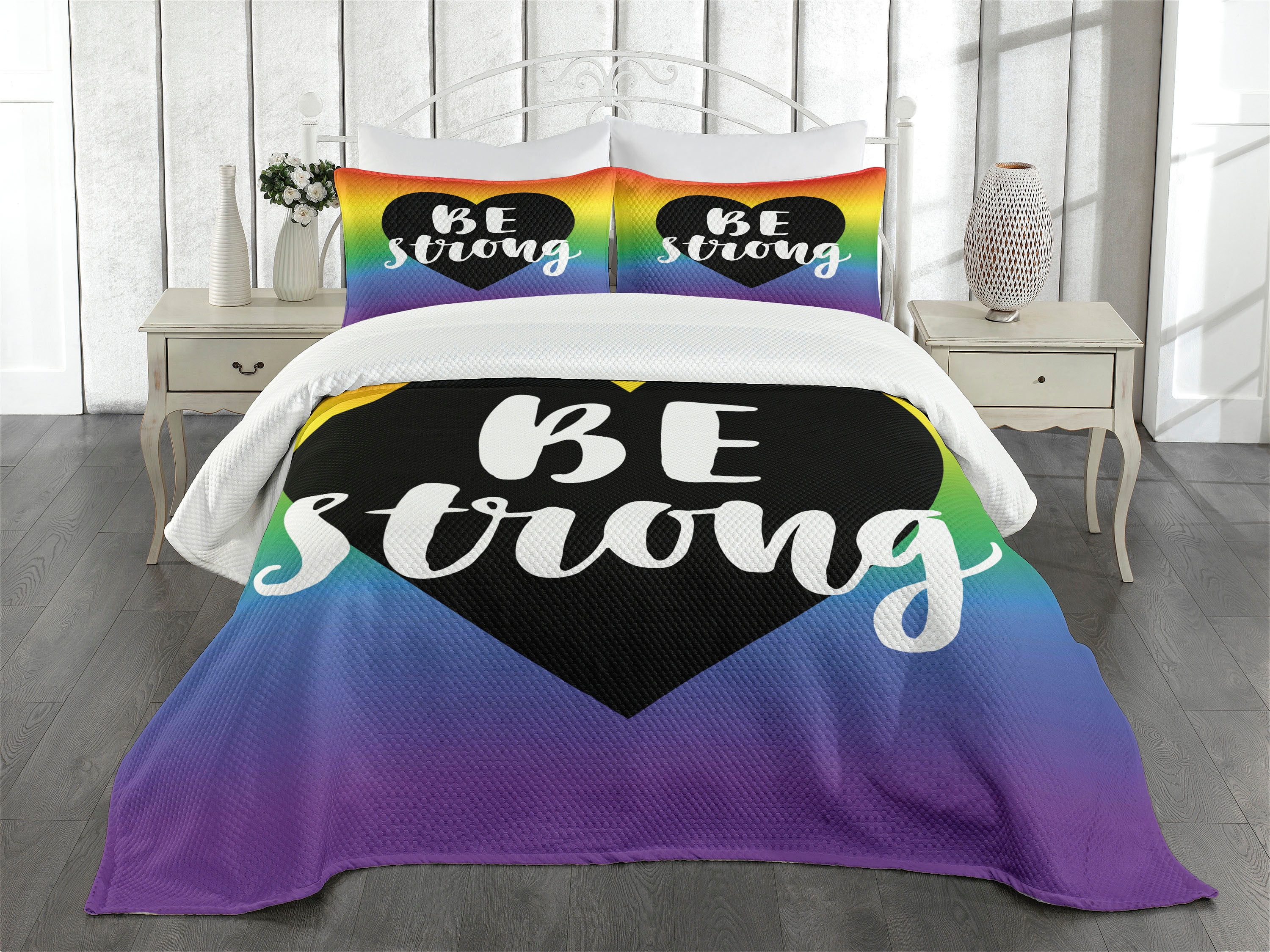 Ambesonne Pride Quilted Bedspread Set 3 Pcs, Be Strong Slogan Heart ...