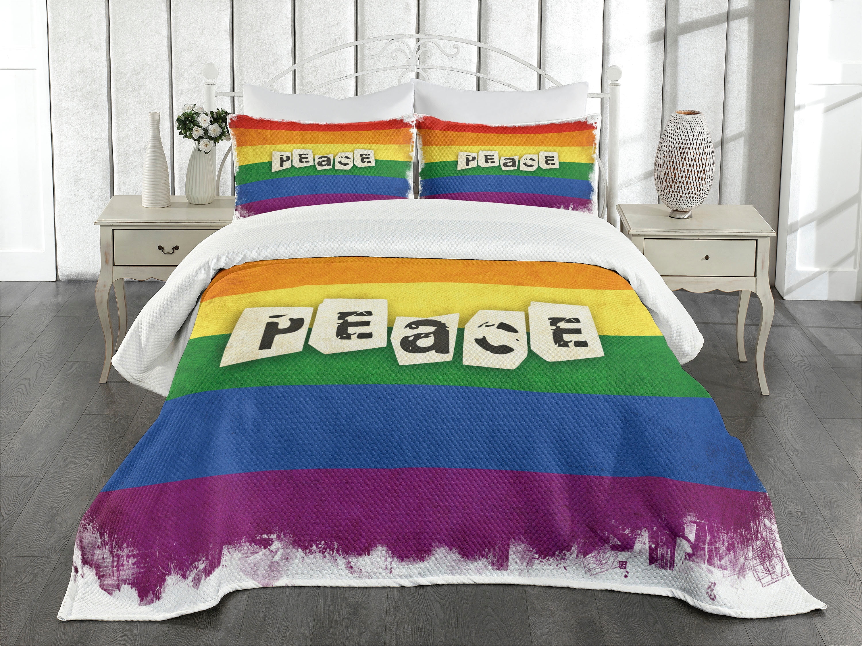 Ambesonne Pride Quilted Bedspread Set 3 Pcs, Grunge Flag Peace Word ...