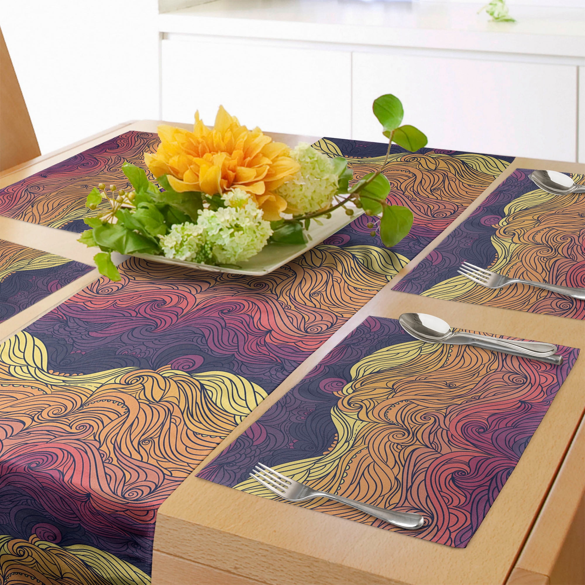 Ambesonne Psychedelic Table Runner & Placemats, Curly Waves Art ...