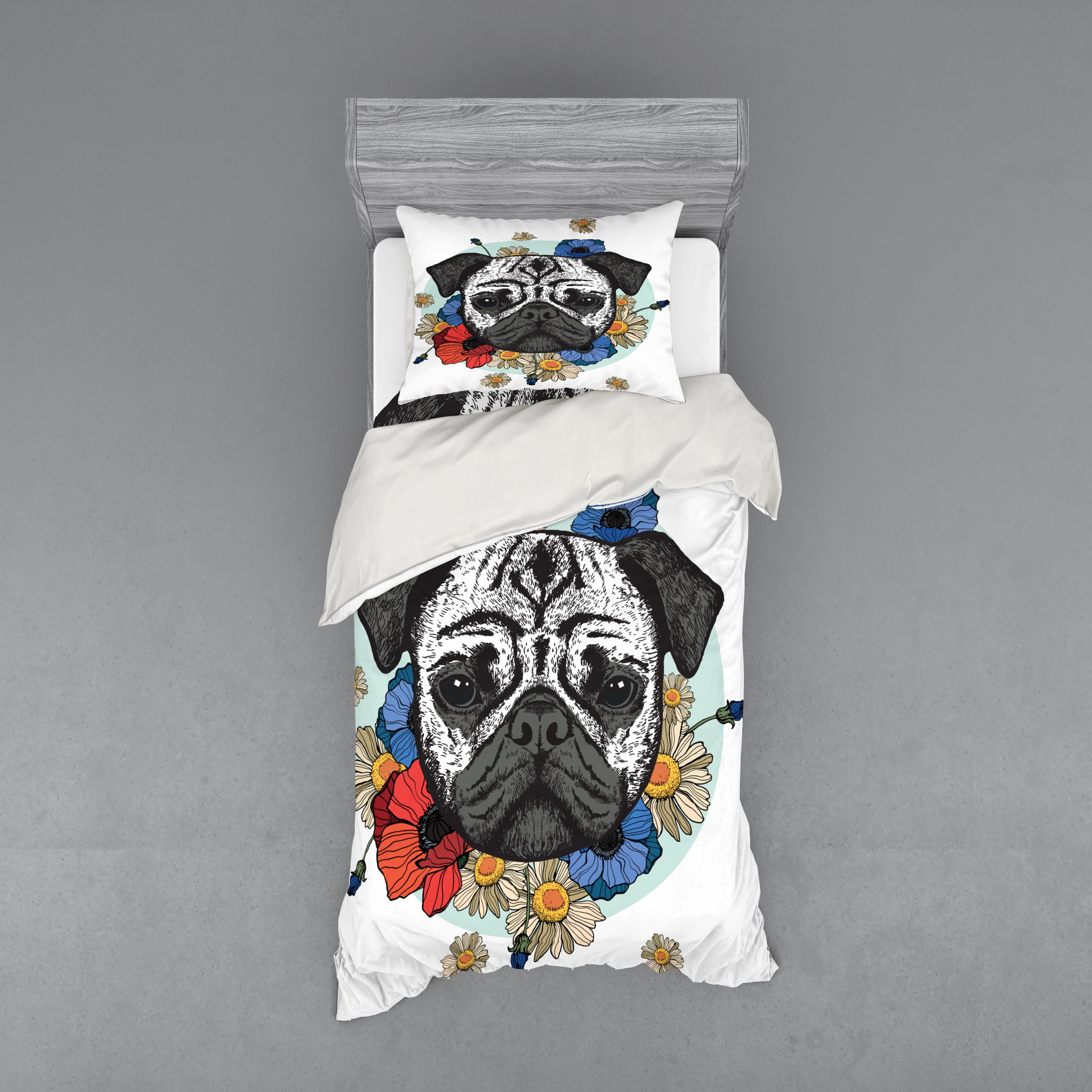 Ambesonne Pug Bedding Set 3 Pcs, Black and White Head of Dog, Twin XL ...