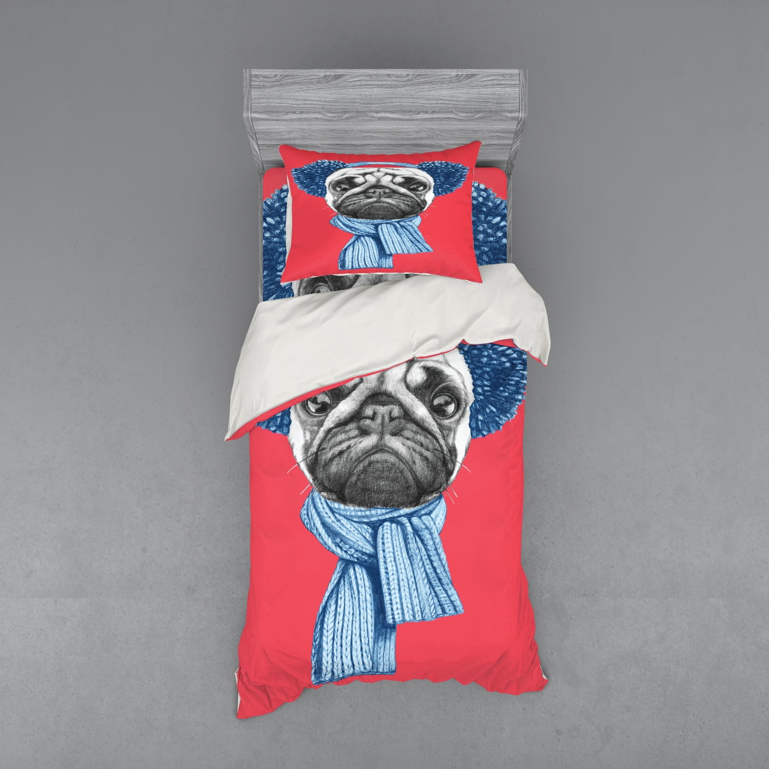 Ambesonne Pug Bedding Set 3 Pcs, Winter Dog with Earmuffs, Twin XL ...