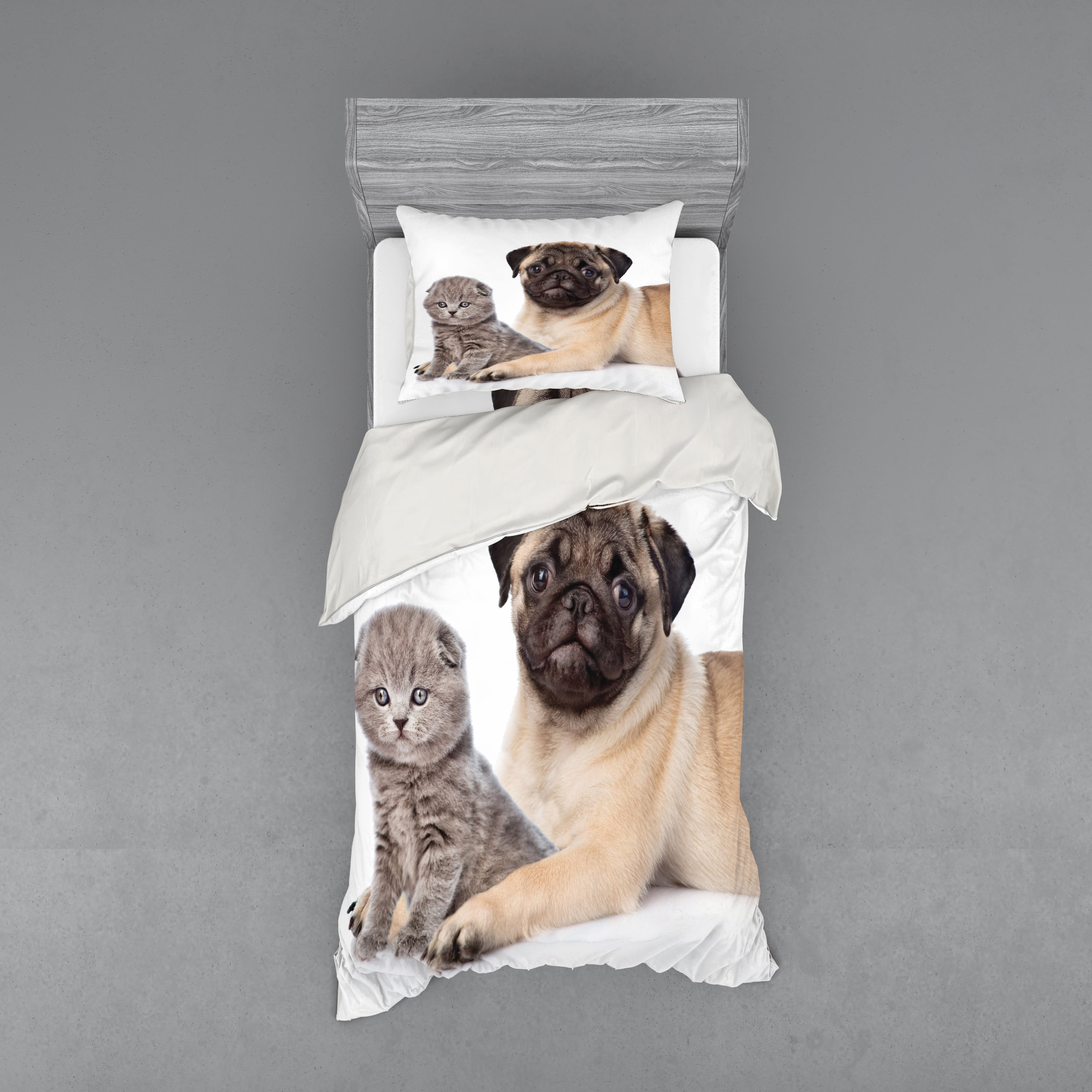 Ambesonne Pug Bedding Set 3 Pcs, Young Puppy and Kitten, Twin, Pale ...