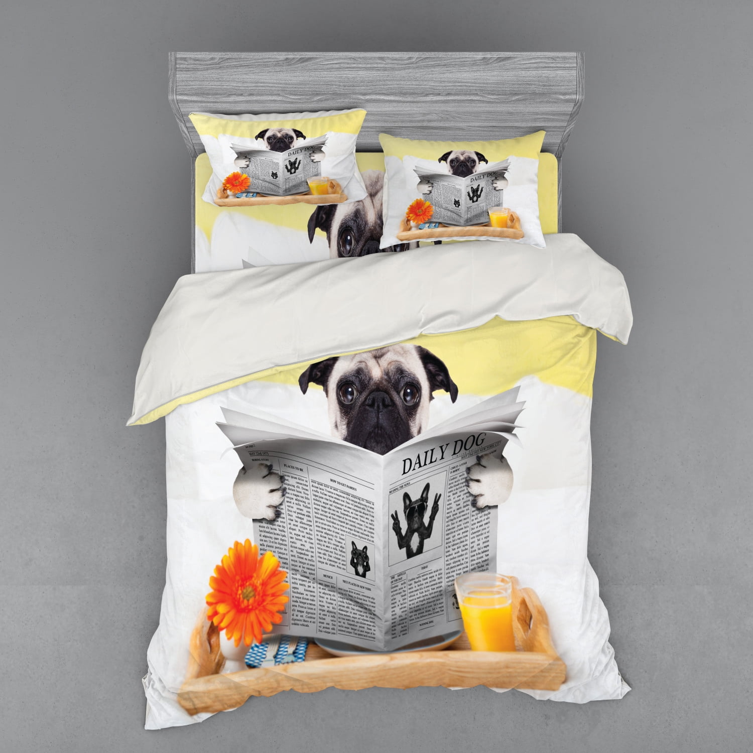 Ambesonne Pug Bedding Set 4 Pcs, Pug Reading News Daily Dog, Queen ...
