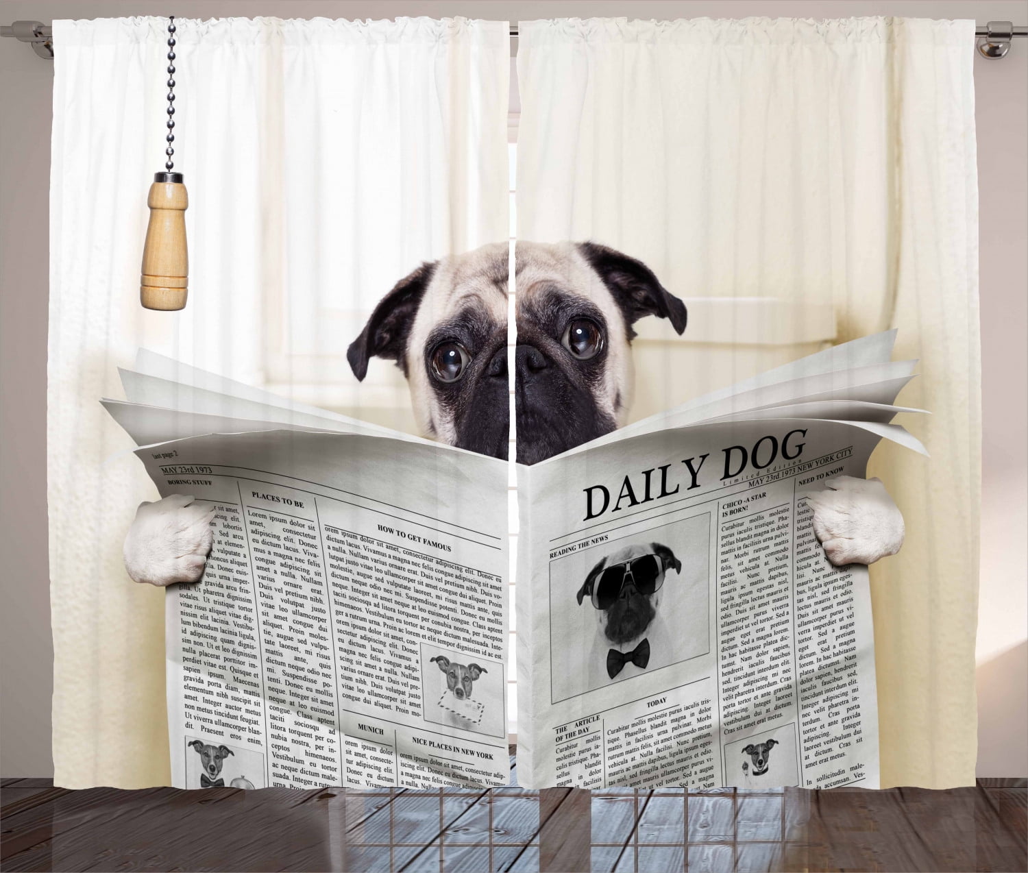Ambesonne Pug Curtains 2 Panel Set, Puppy Reading Newspaper, 108" x 90 ...