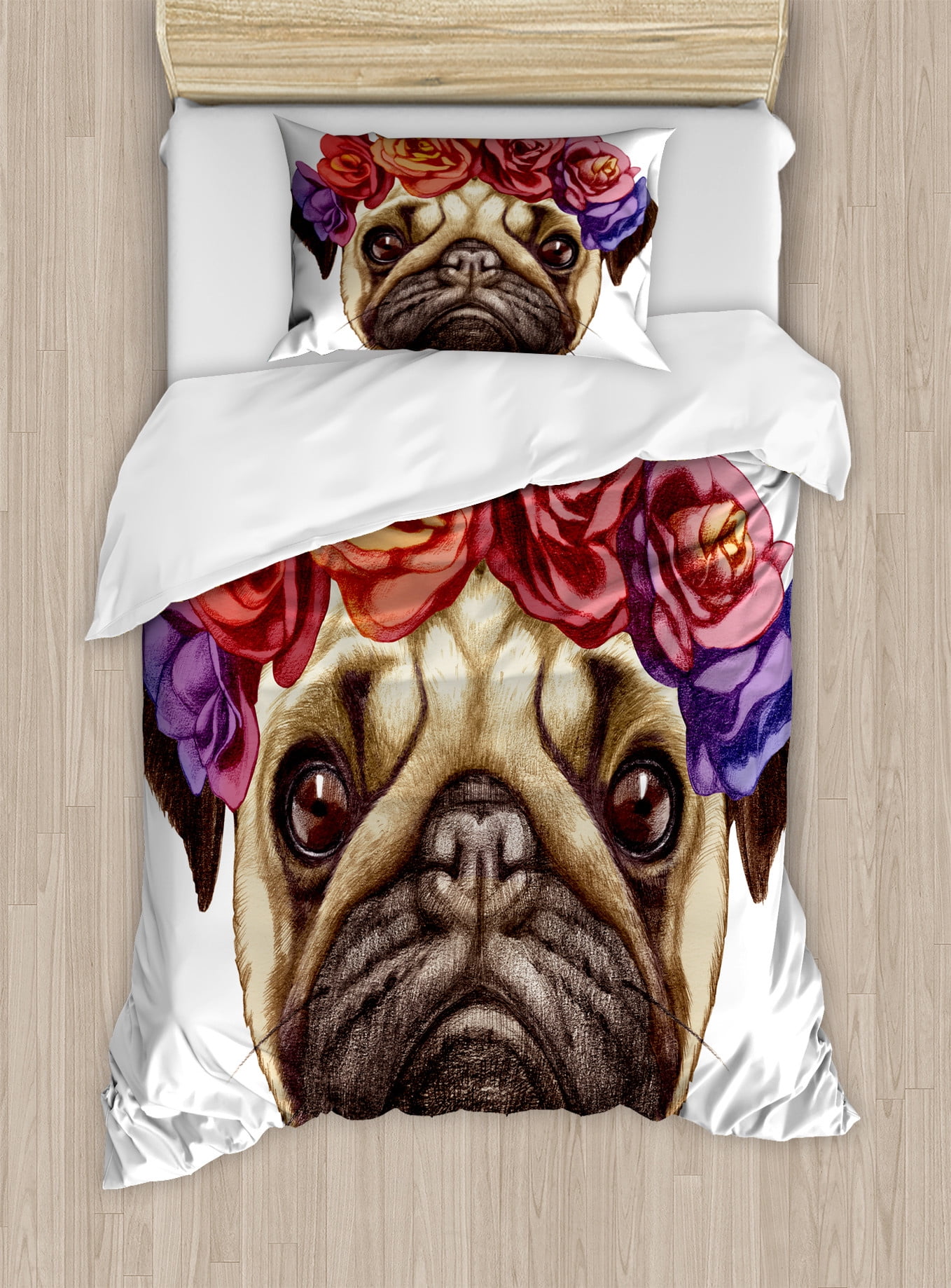 Ambesonne Pug Duvet Cover Set, Floral Head Wreath Fun, Twin, Pale Brown ...