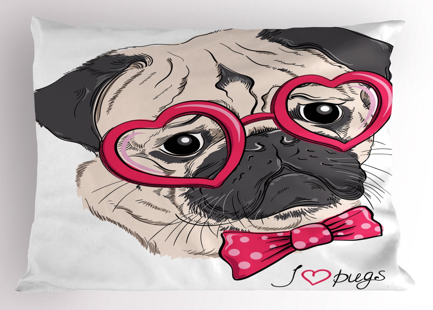 Ambesonne Pug Pillow Sham, Dog with Heart Glasses Bow, 26" X 20", Pink ...