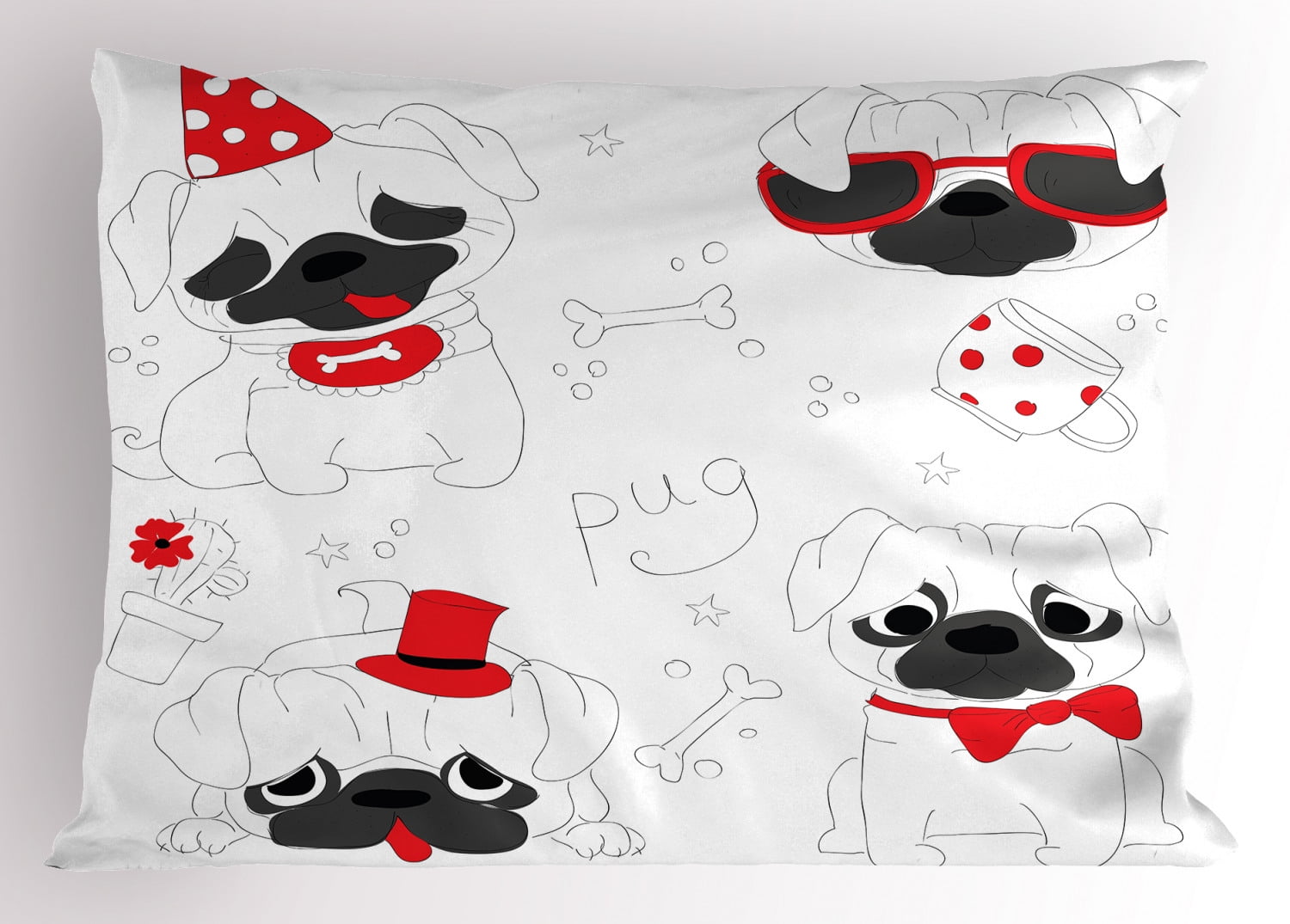 Ambesonne Pug Pillow Sham, Happy Sad Cool Dogs Pug, 26" X 20", Black ...