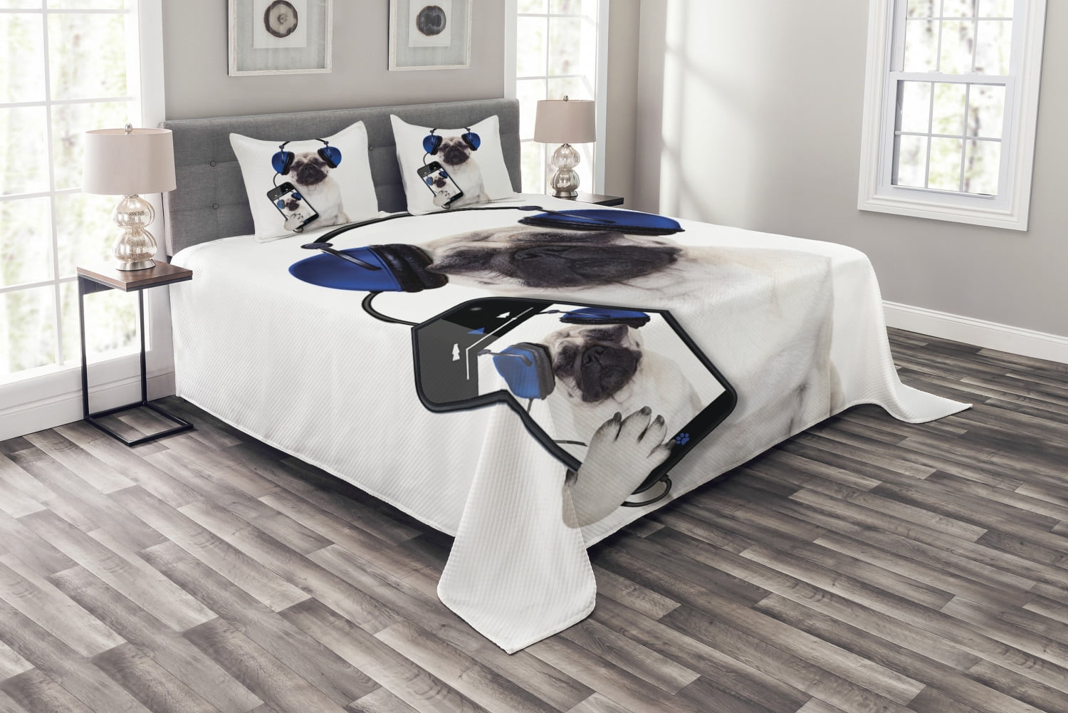 Ambesonne Pug Quilted Bedspread Set 3 Pcs, Music Listening Dog Phone ...