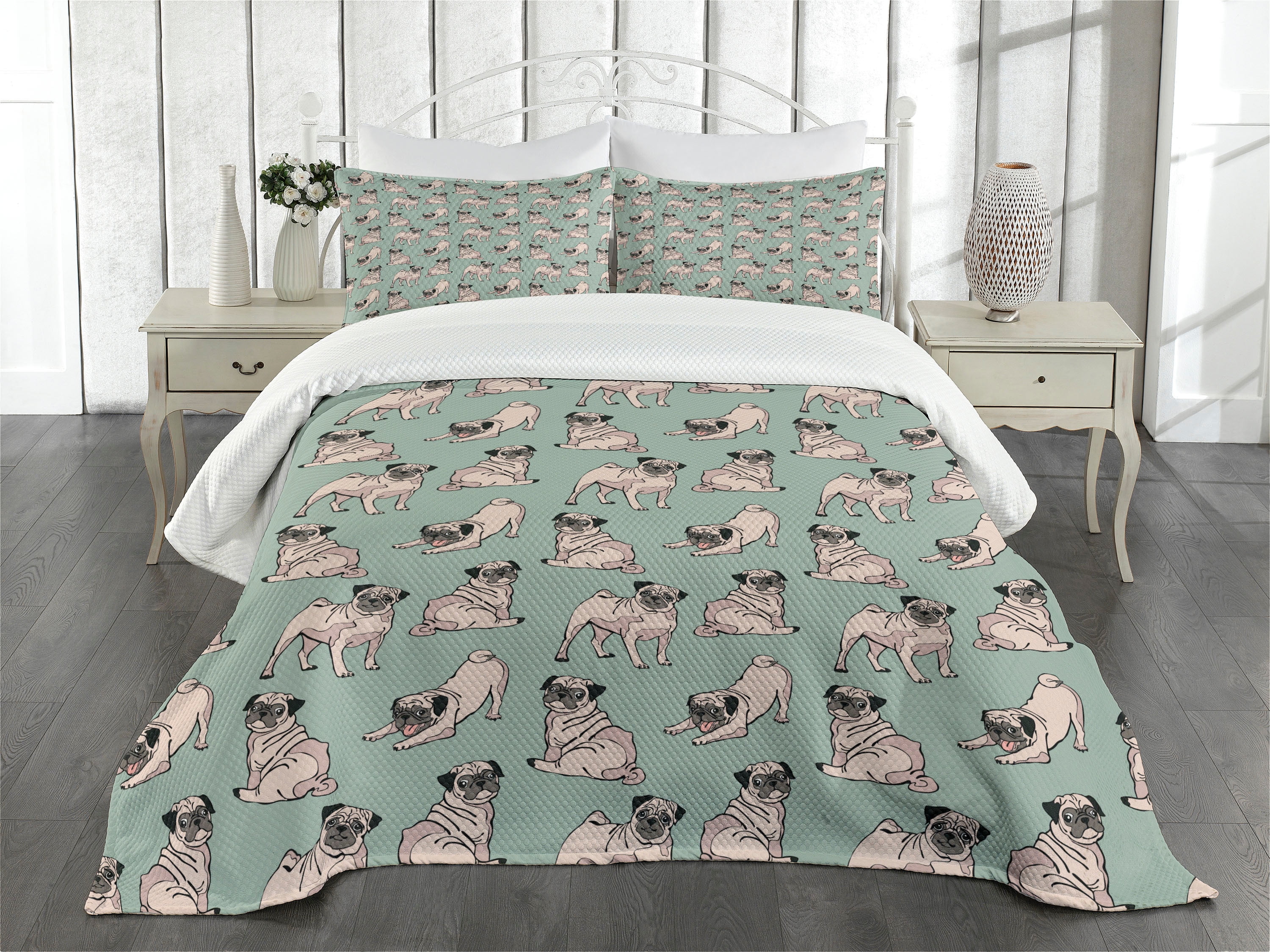 Ambesonne Pug Quilted Bedspread Set 3 Pcs, Sitting Stretching Dog ...