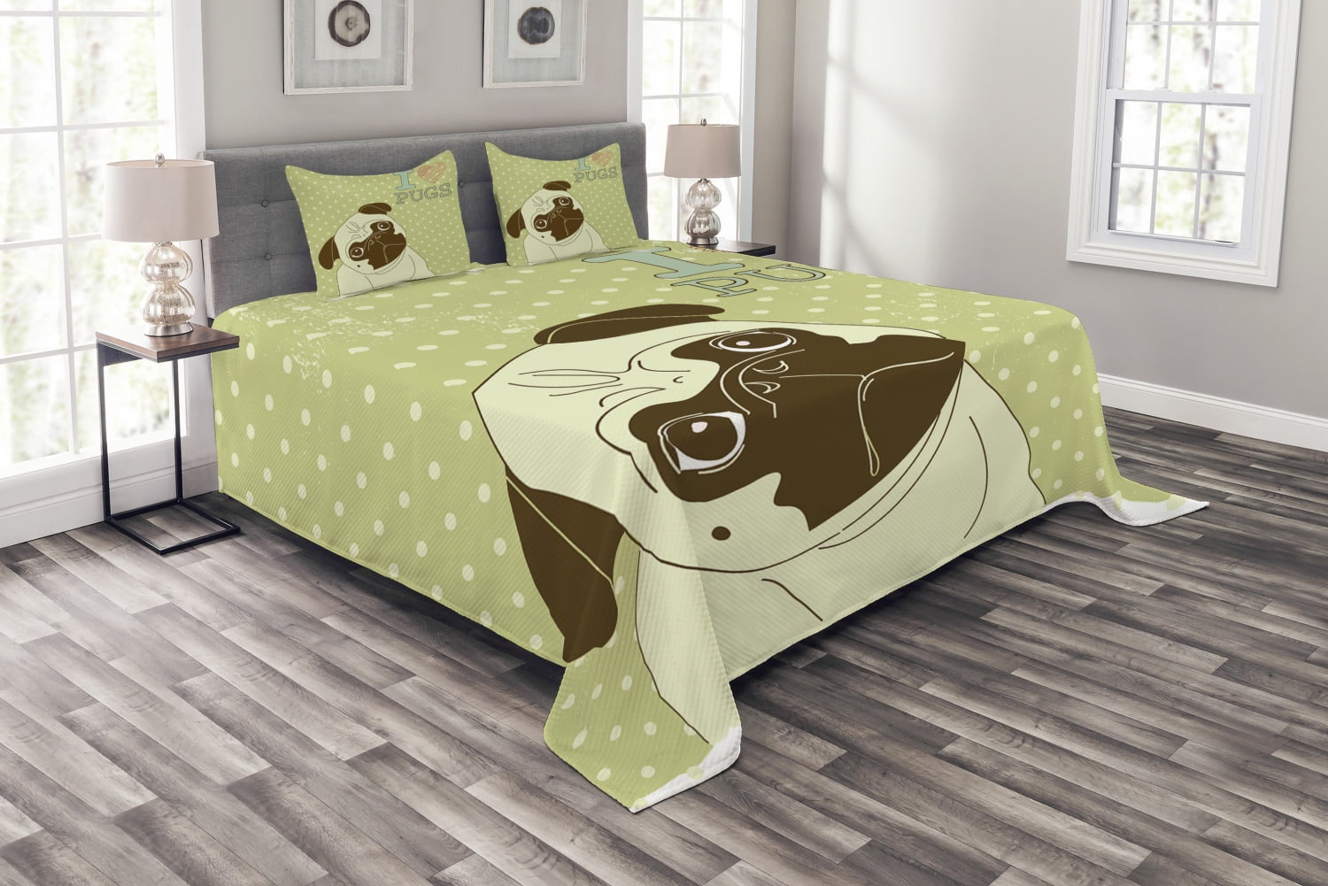 Ambesonne Pug Quilted Bedspread Set 3 Pcs, Tilted Head Dog Funny, Queen ...