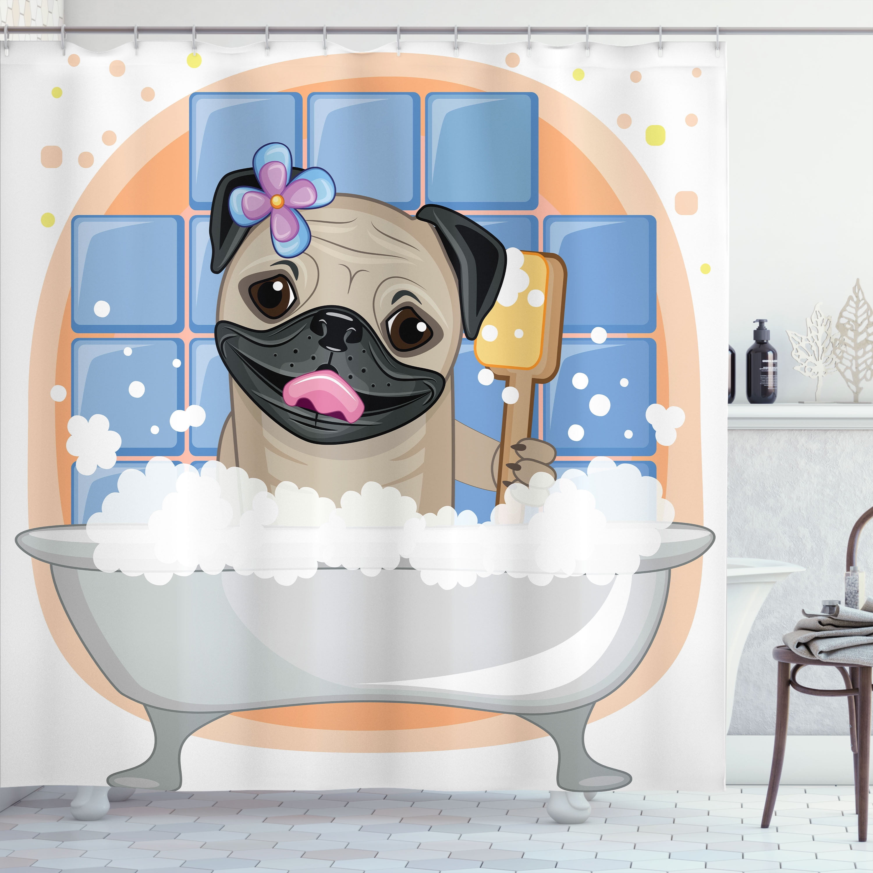 Ambesonne Pug Shower Curtain, Dog Bath Caricature Funny, 69"Wx75"L ...