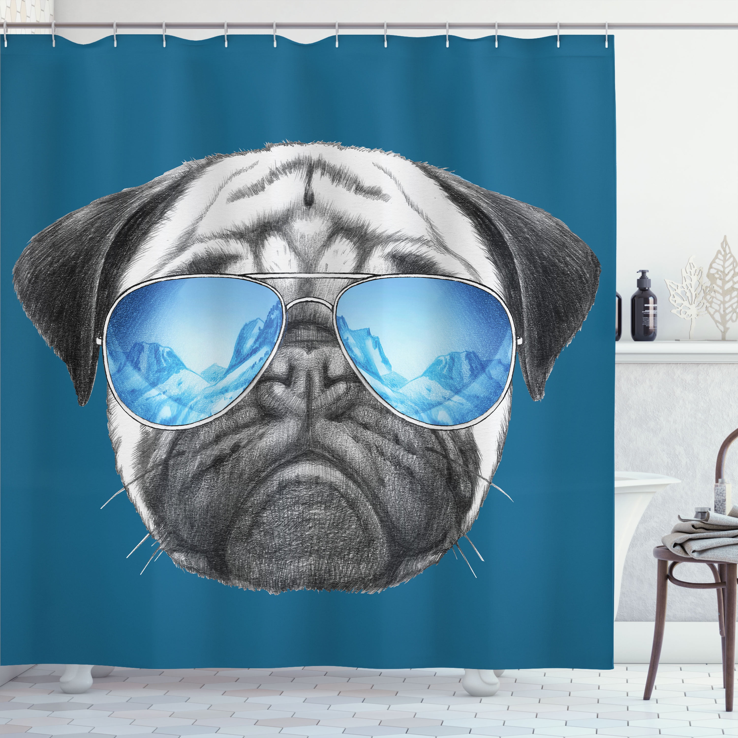 Ambesonne Pug Shower Curtain, Dog Portrait Sunglasses Funny, 69"Wx84"L ...