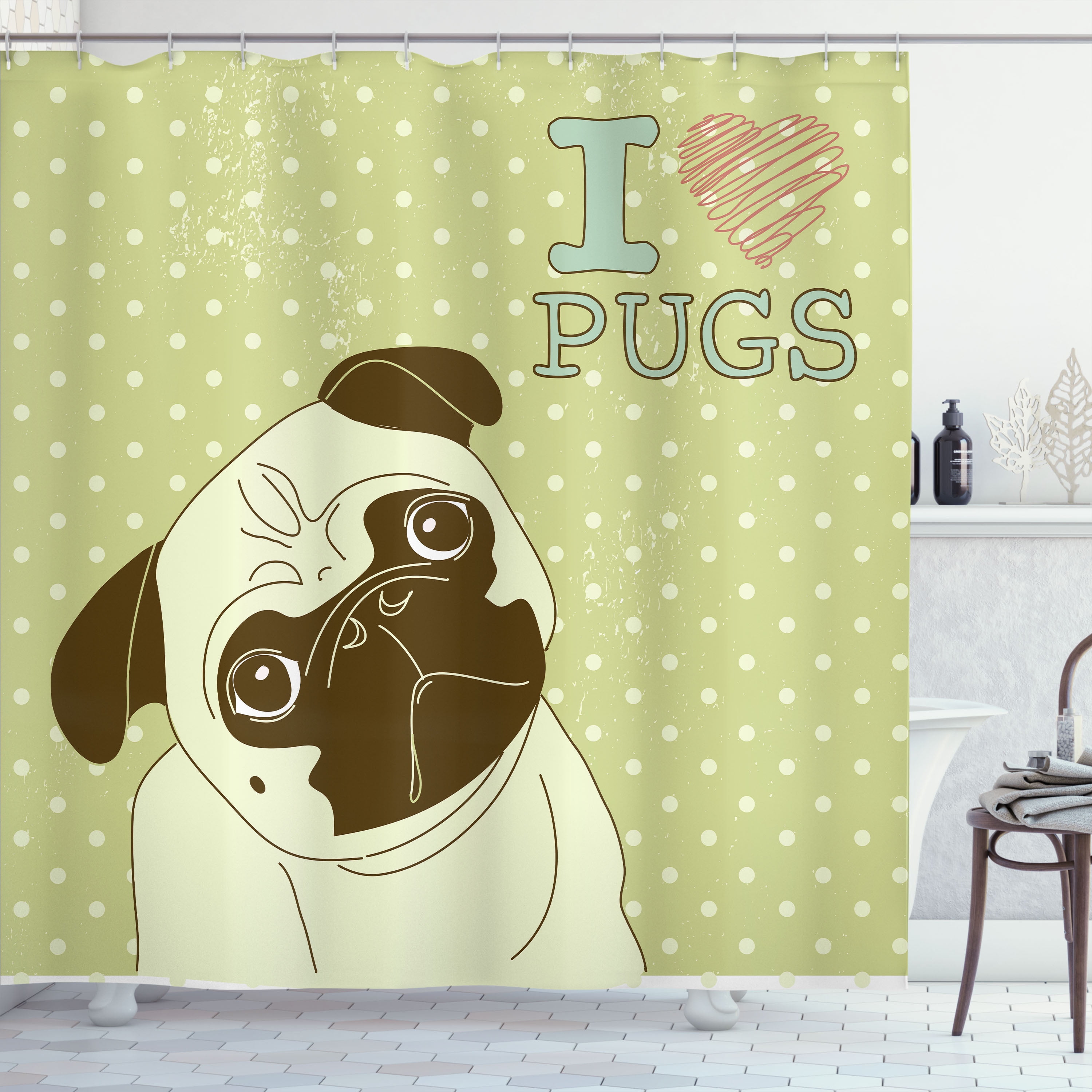 Ambesonne Pug Shower Curtain, Tilted Head Dog Funny, 69"Wx84"L, Avocado ...