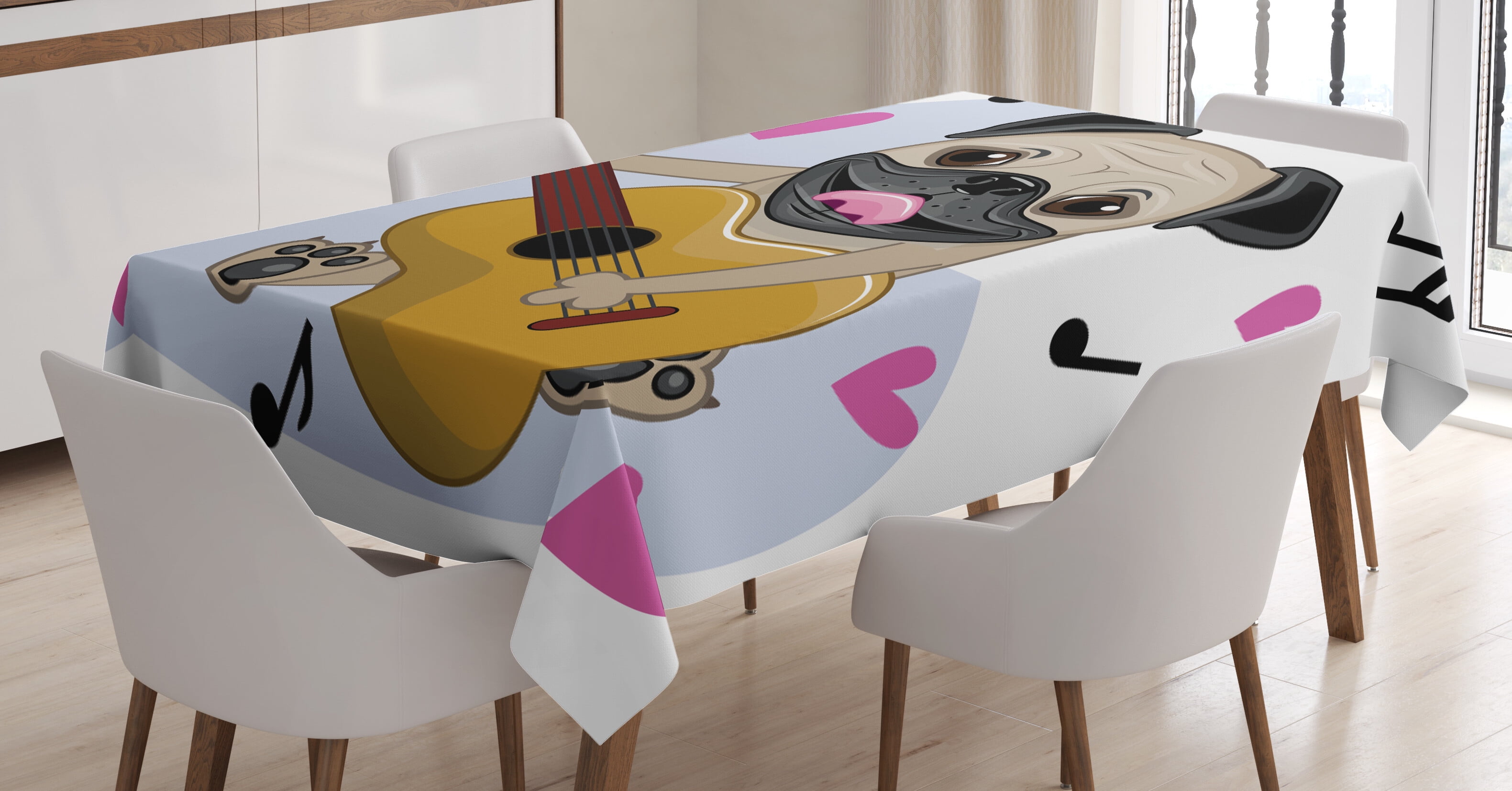 Ambesonne Pug Tablecloth Rectangular Table Cover, Dog Playing Guitar ...