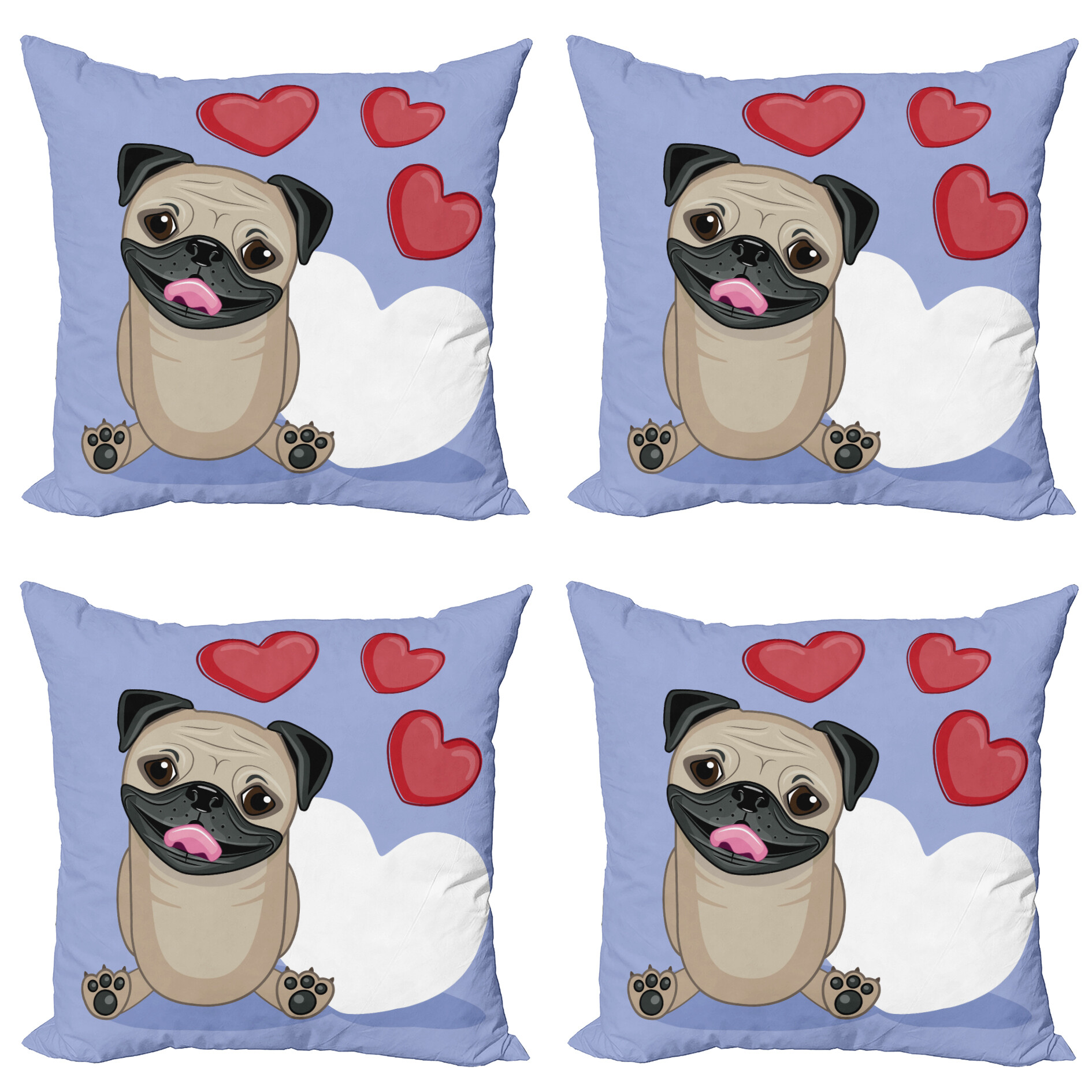 Ambesonne Pug Throw Pillow Cover 4 Pack, Happy Dog with Hearts, 18 ...