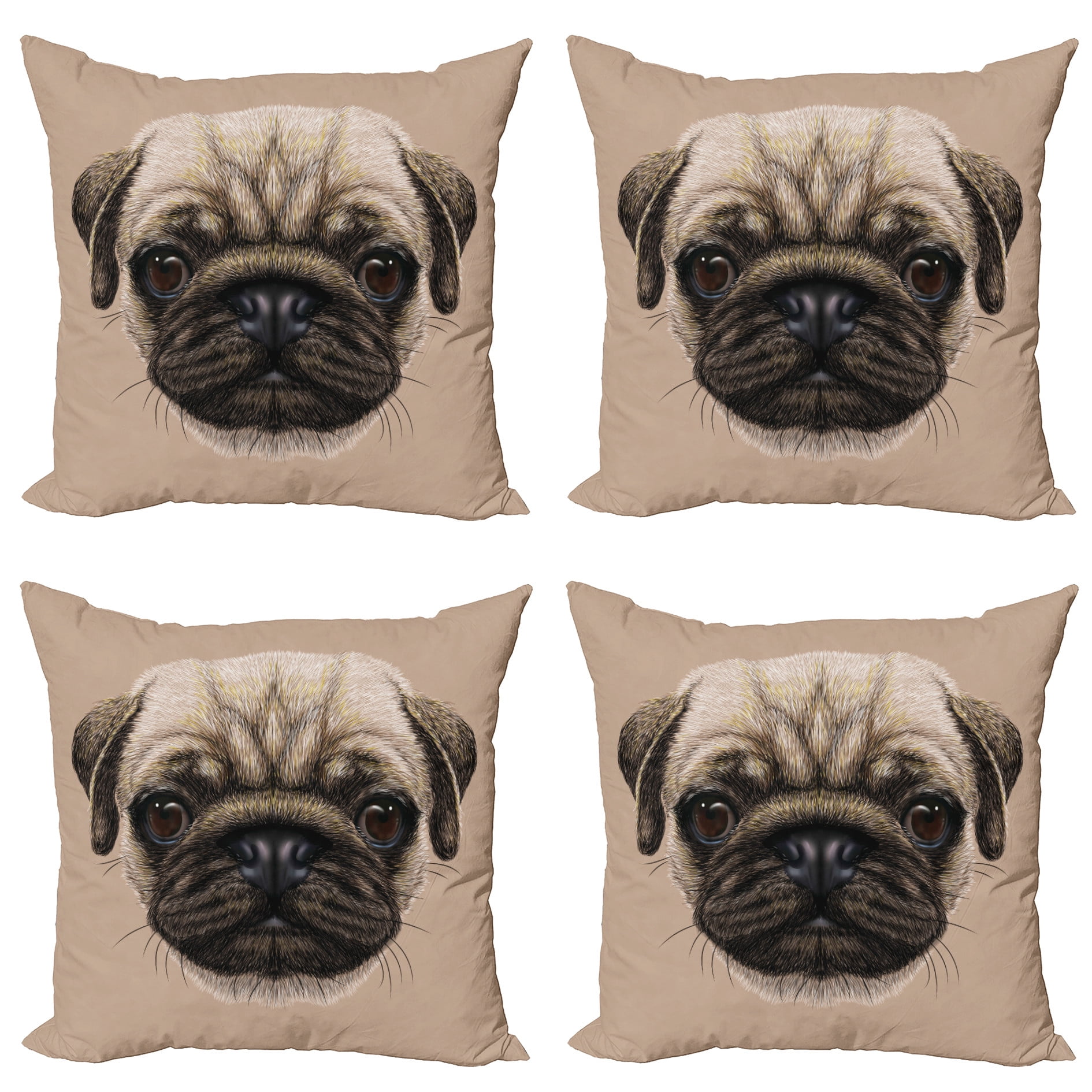 Ambesonne Pug Throw Pillow Cover 4 Pack, Pet Animal Art Design Dog, 16 ...