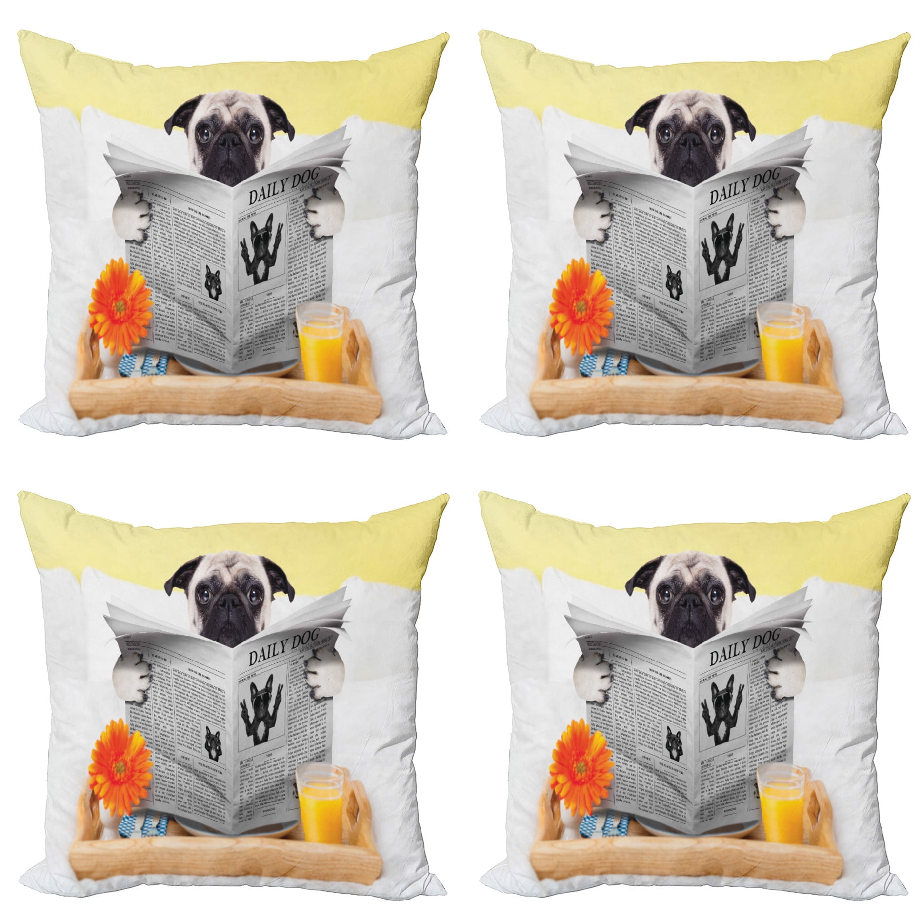 Ambesonne Pug Throw Pillow Cover 4 Pack, Pug Reading News Daily Dog, 18 ...