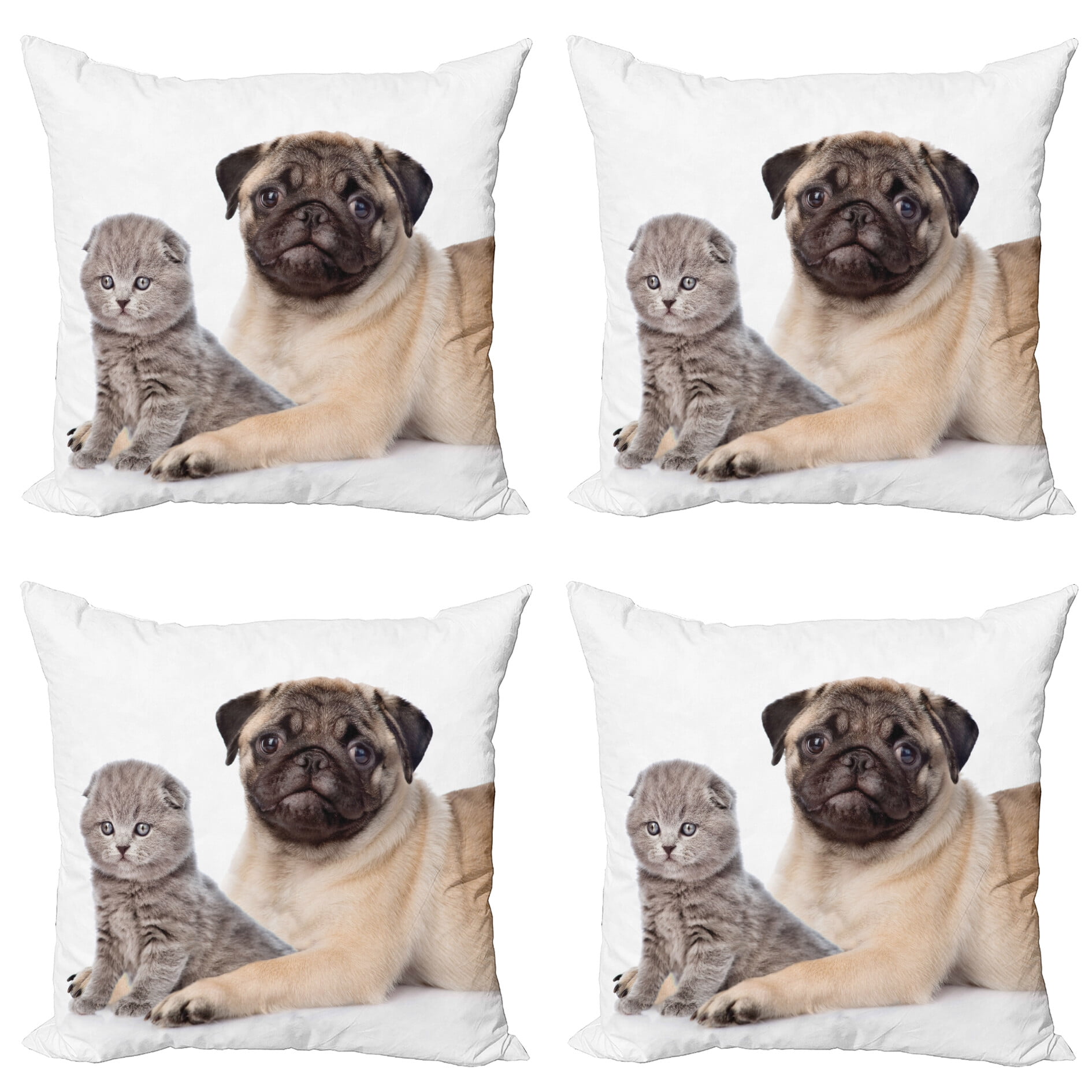 Ambesonne Pug Throw Pillow Cover 4 Pack, Young Puppy and Kitten, 24 ...
