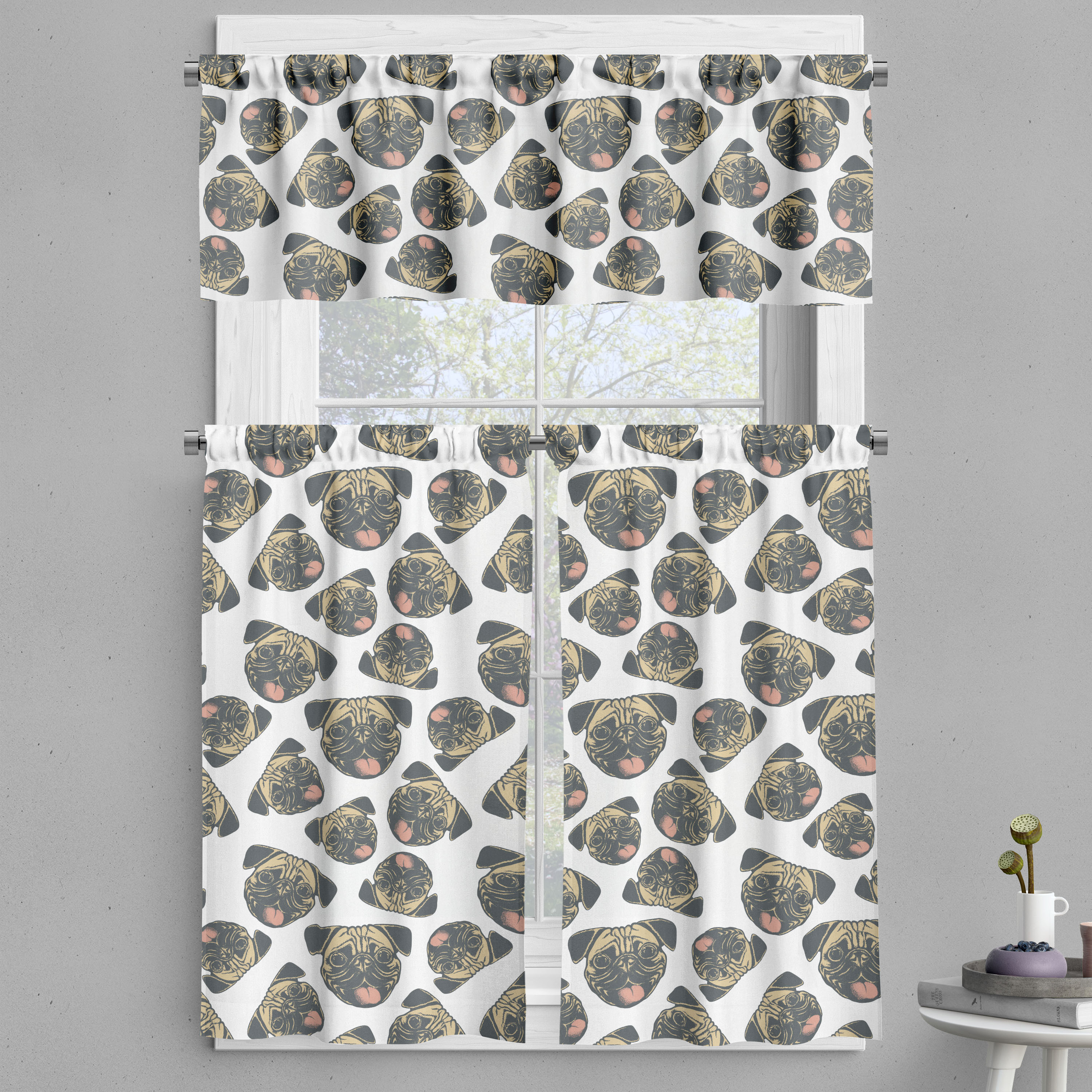 Ambesonne Pug Valance & Curtain, Cheerful Dogs Grunge Effect, 55"x36 ...