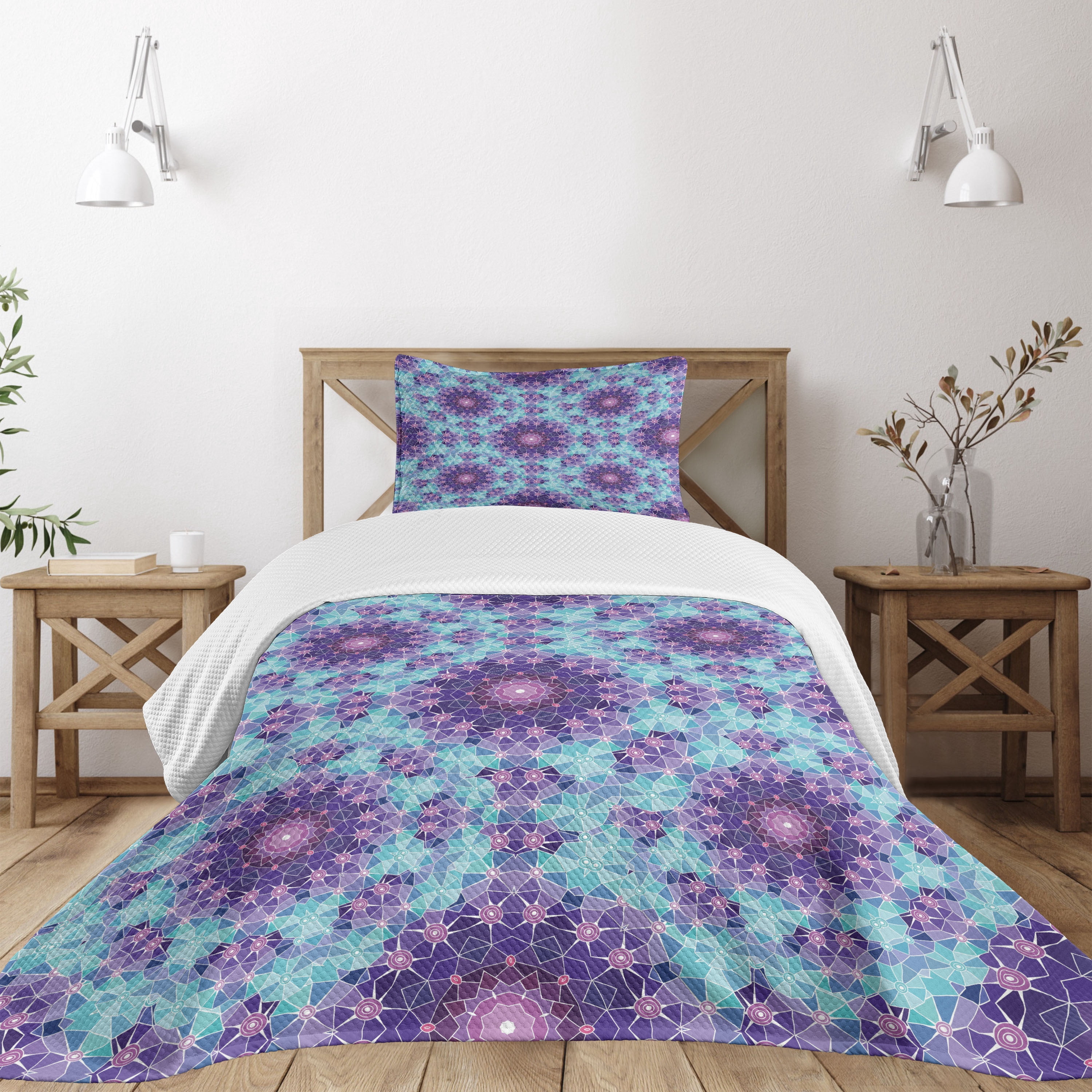 Ambesonne Purple Mandala Quilted Bedspread Set 2 Pcs, Mosaic Fractal ...