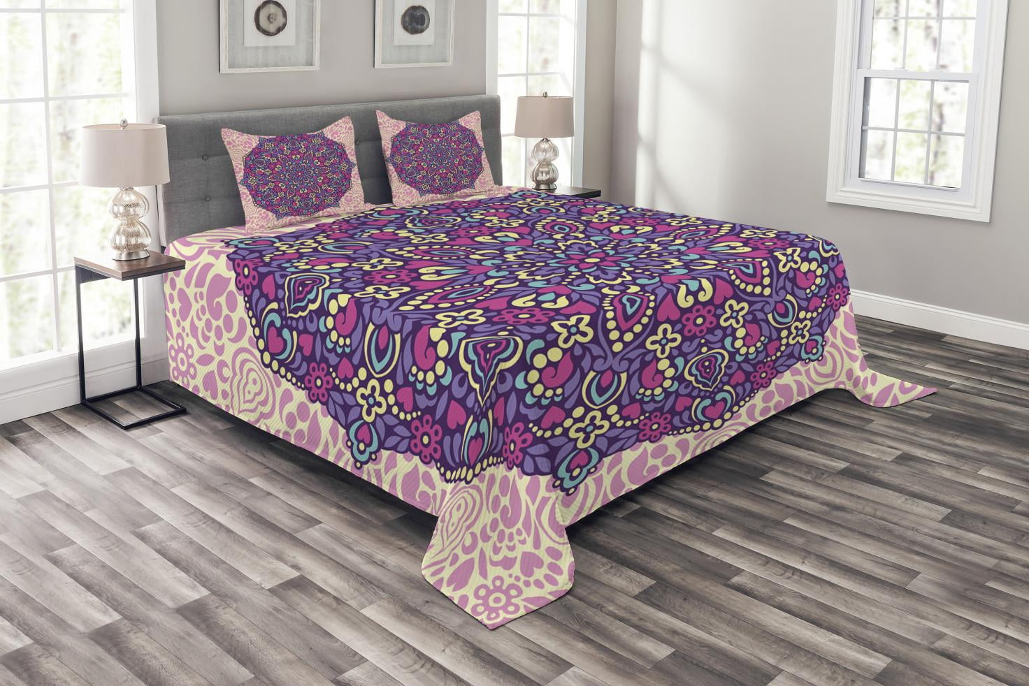 Ambesonne Purple Mandala Quilted Bedspread Set 3 Pcs, Floral Cosmos ...