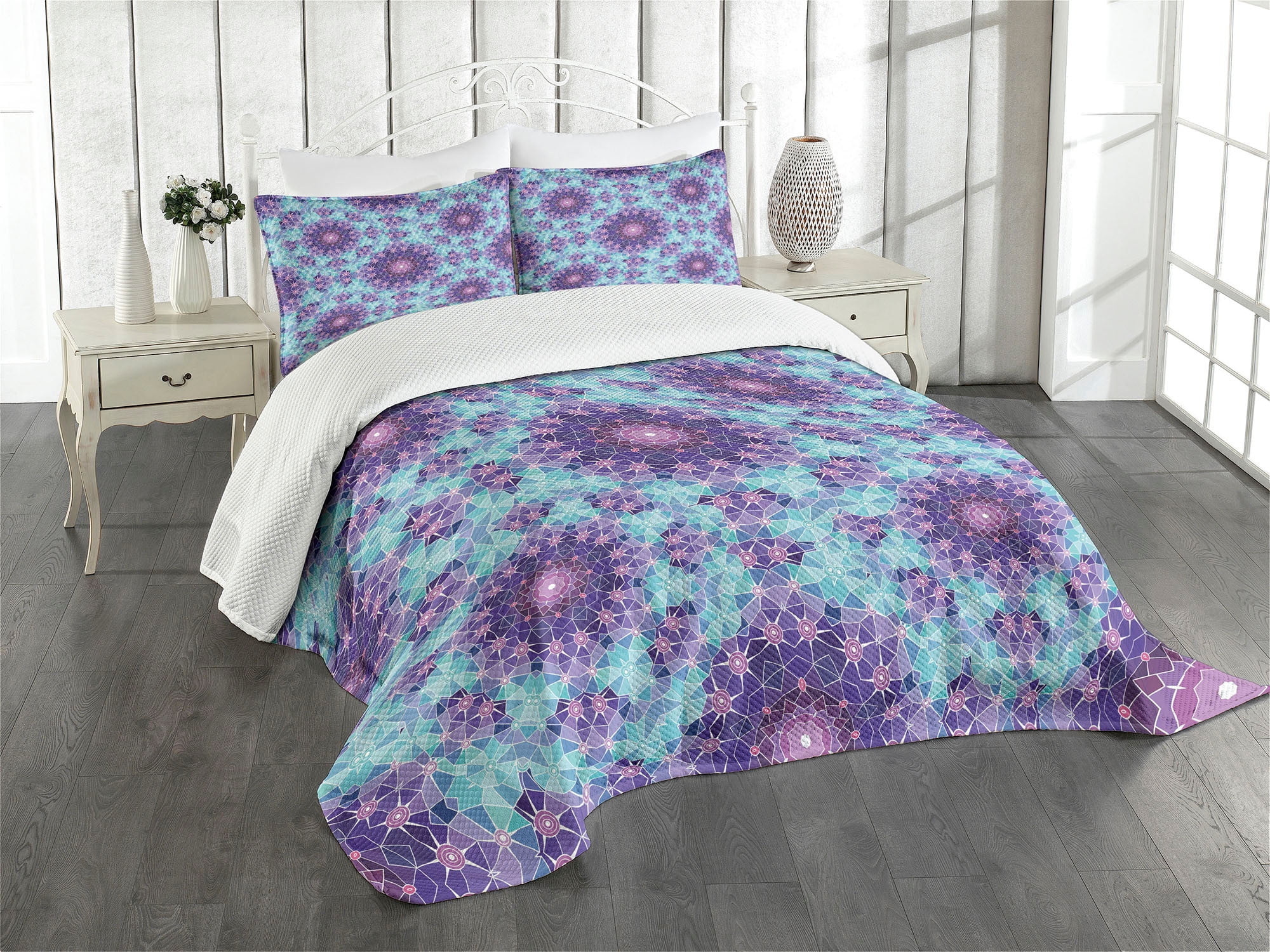 Ambesonne Purple Mandala Quilted Bedspread Set 3 Pcs, Mosaic Fractal ...