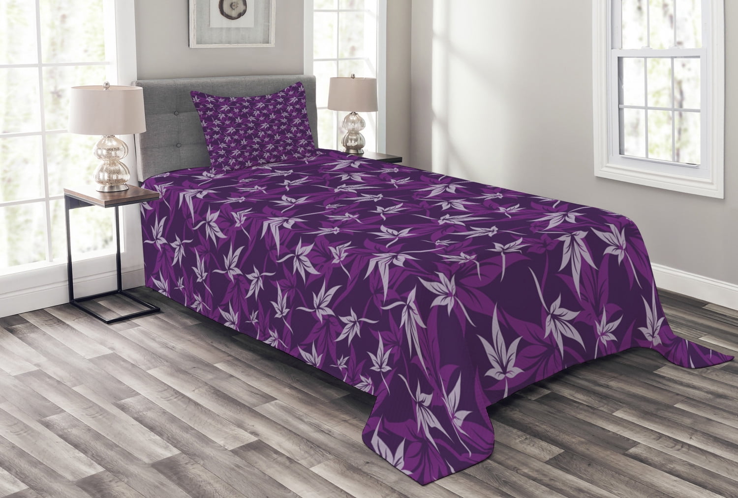 Ambesonne Purple Quilted Bedspread Set 2 Pcs, Abstract Lily Flowers ...