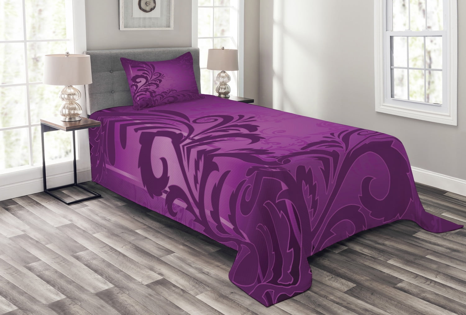 Ambesonne Purple Quilted Bedspread Set 2 Pcs, Retro Abstract Floral ...