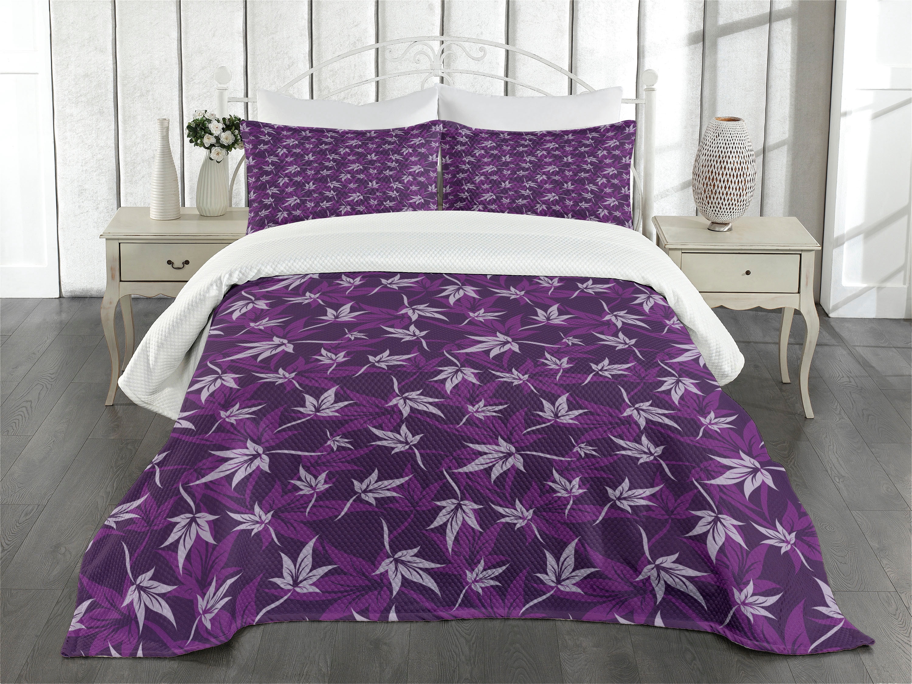Ambesonne Purple Quilted Bedspread Set 3 Pcs, Abstract Lily Flowers ...