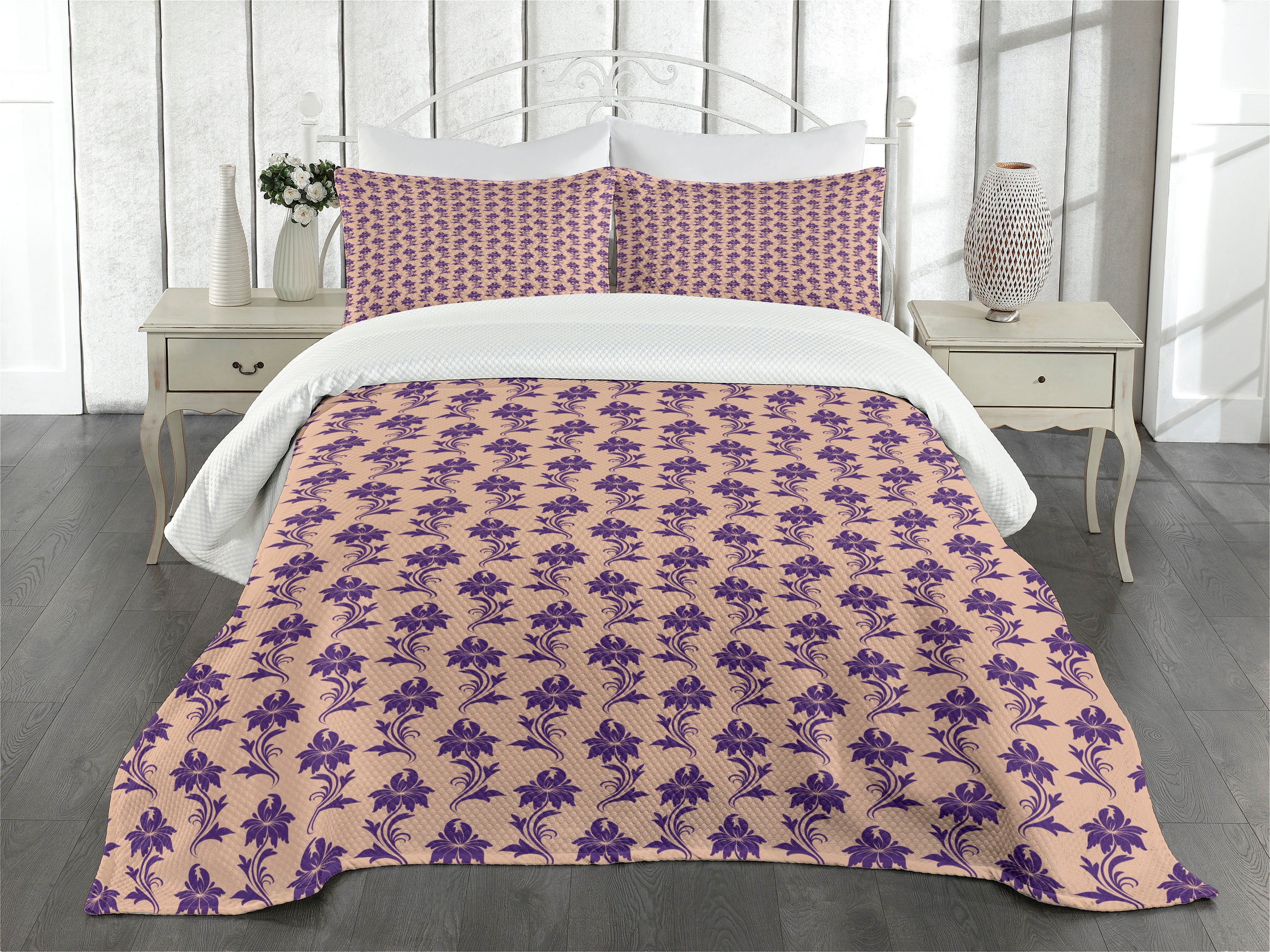 Ambesonne Purple Quilted Bedspread Set 3 Pcs, Ancestral Blooming Nature ...