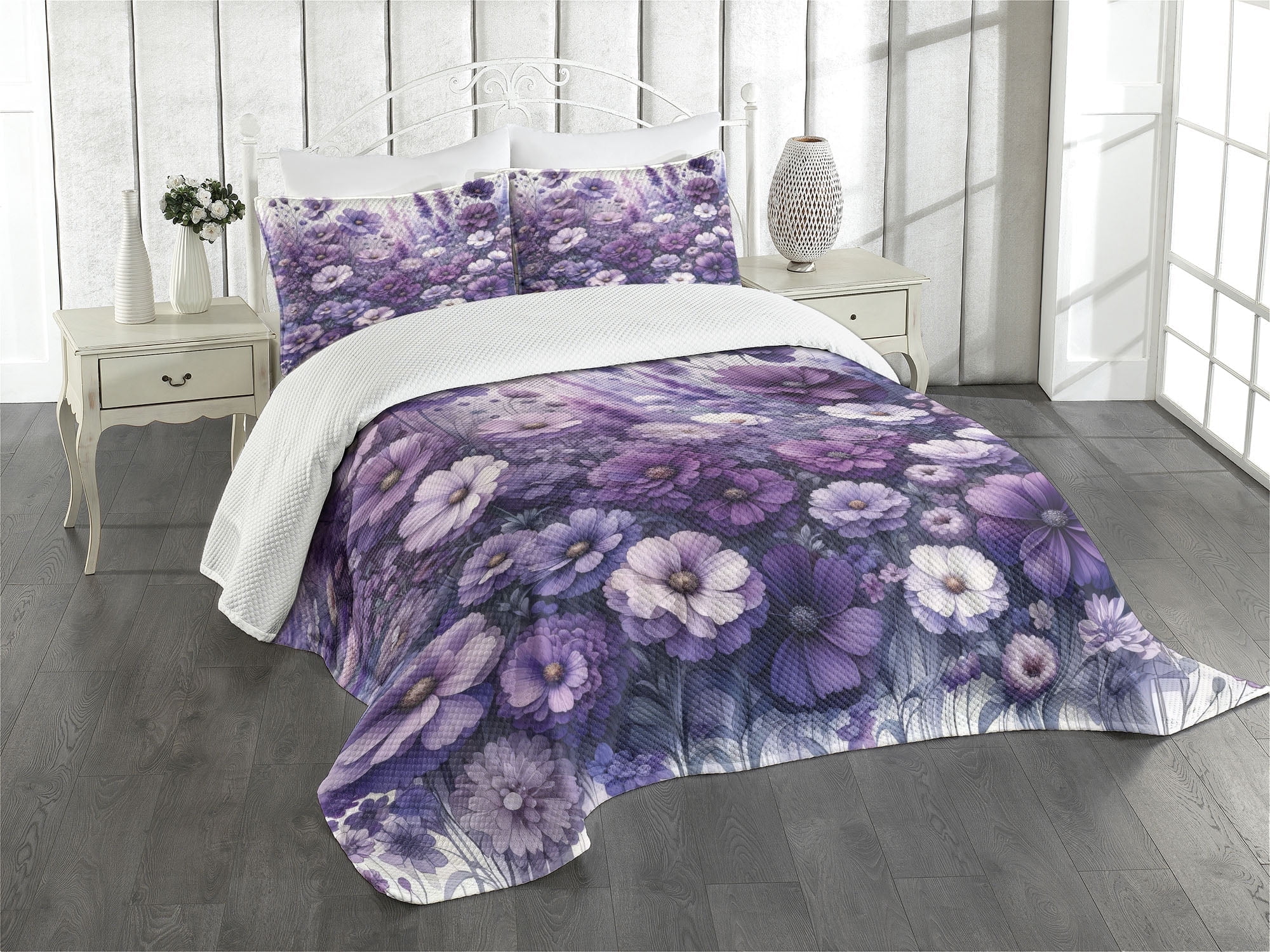 Ambesonne Purple Quilted Bedspread Set 3 Pcs, Cottagecore Floral Meadow ...