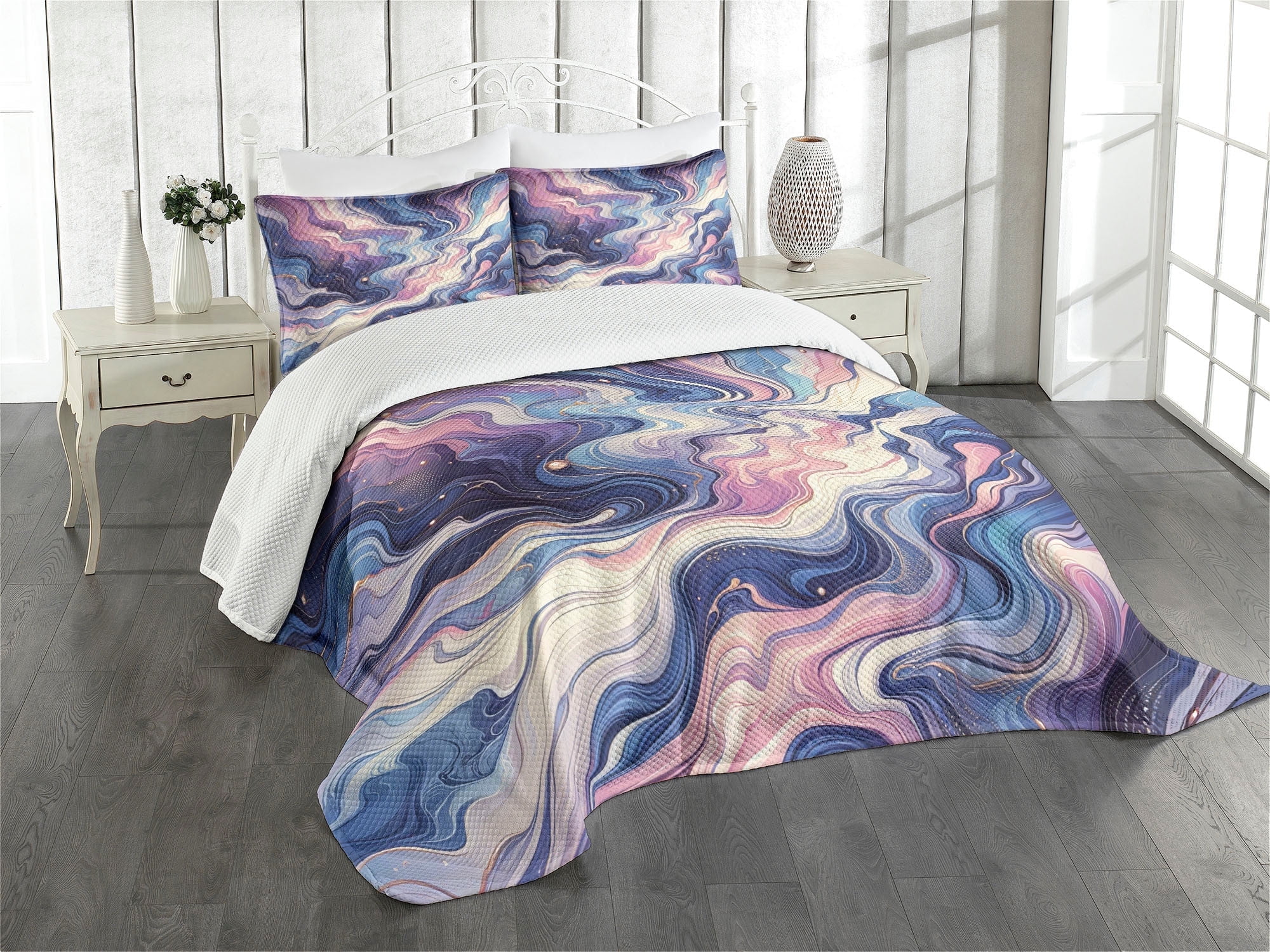 Ambesonne Purple Quilted Bedspread Set 3 Pcs, Curly Aesthetic Marble ...