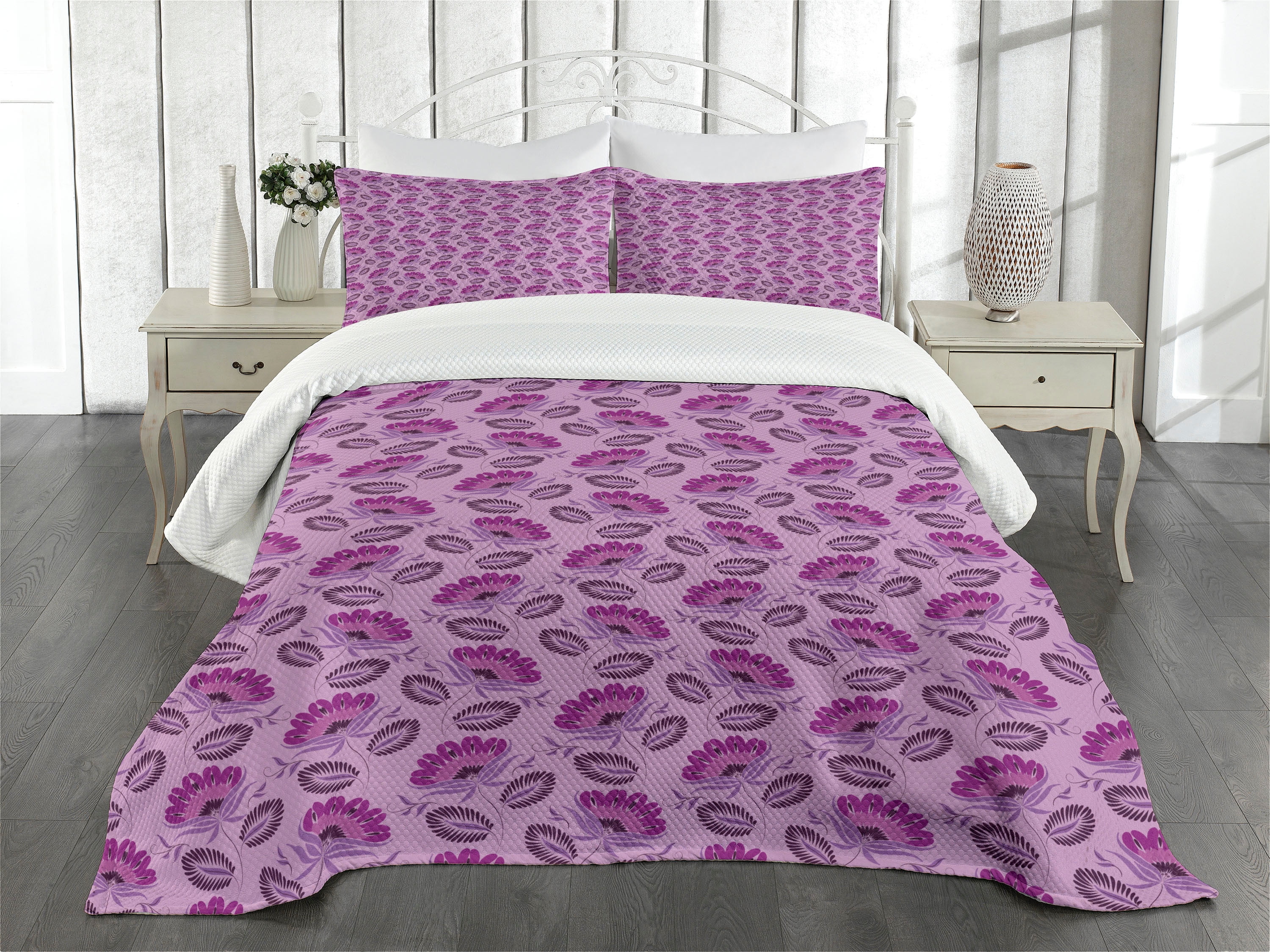 Ambesonne Purple Quilted Bedspread Set 3 Pcs, Nature Inspired Flora ...