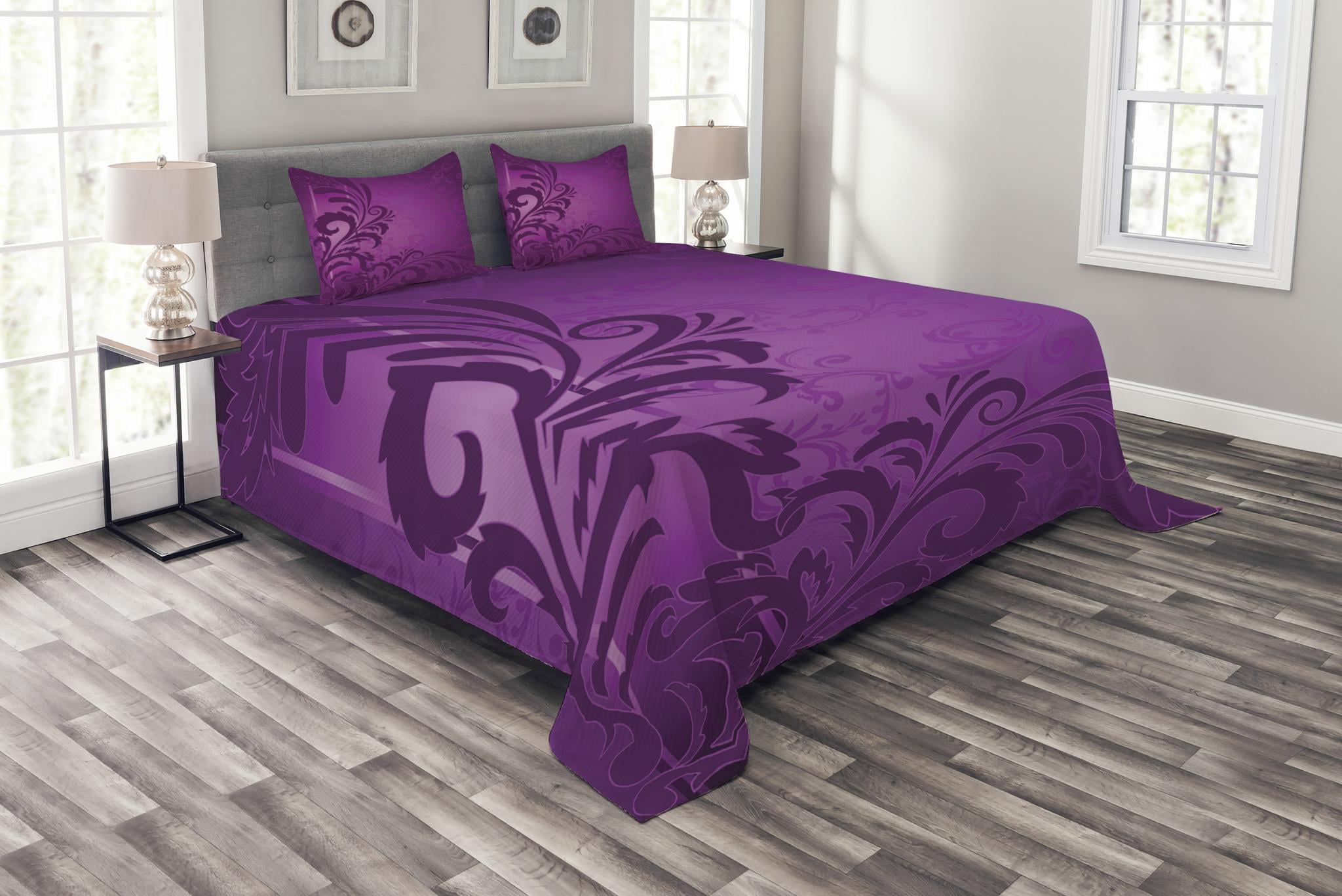 Ambesonne Purple Quilted Bedspread Set 3 Pcs, Retro Abstract Floral ...