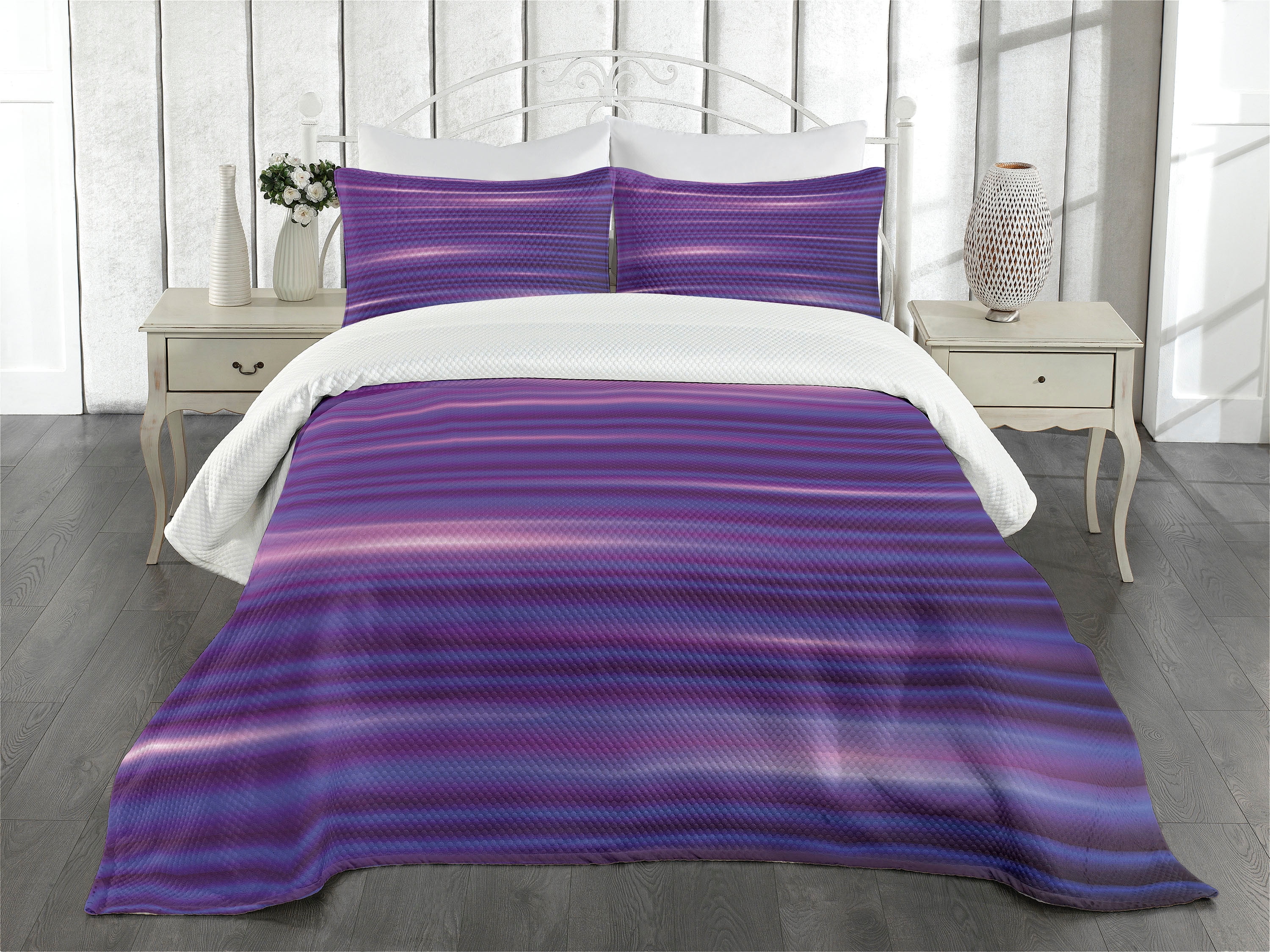 Ambesonne Purple Quilted Bedspread Set 3 Pcs, Stripe Horizontal Lines ...