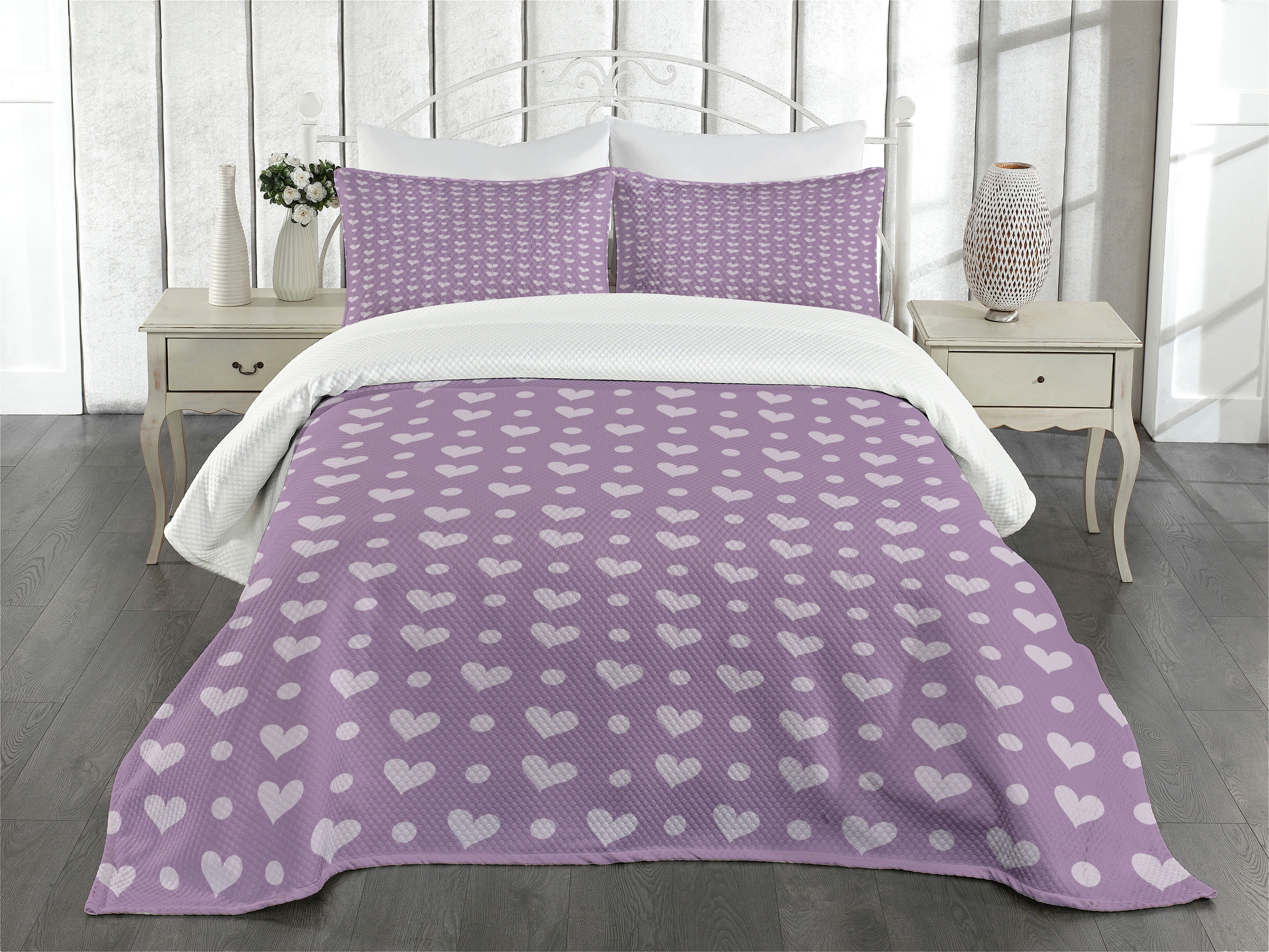 Ambesonne Purple Quilted Bedspread Set 3 Pcs, Wedding Inspired Heart ...
