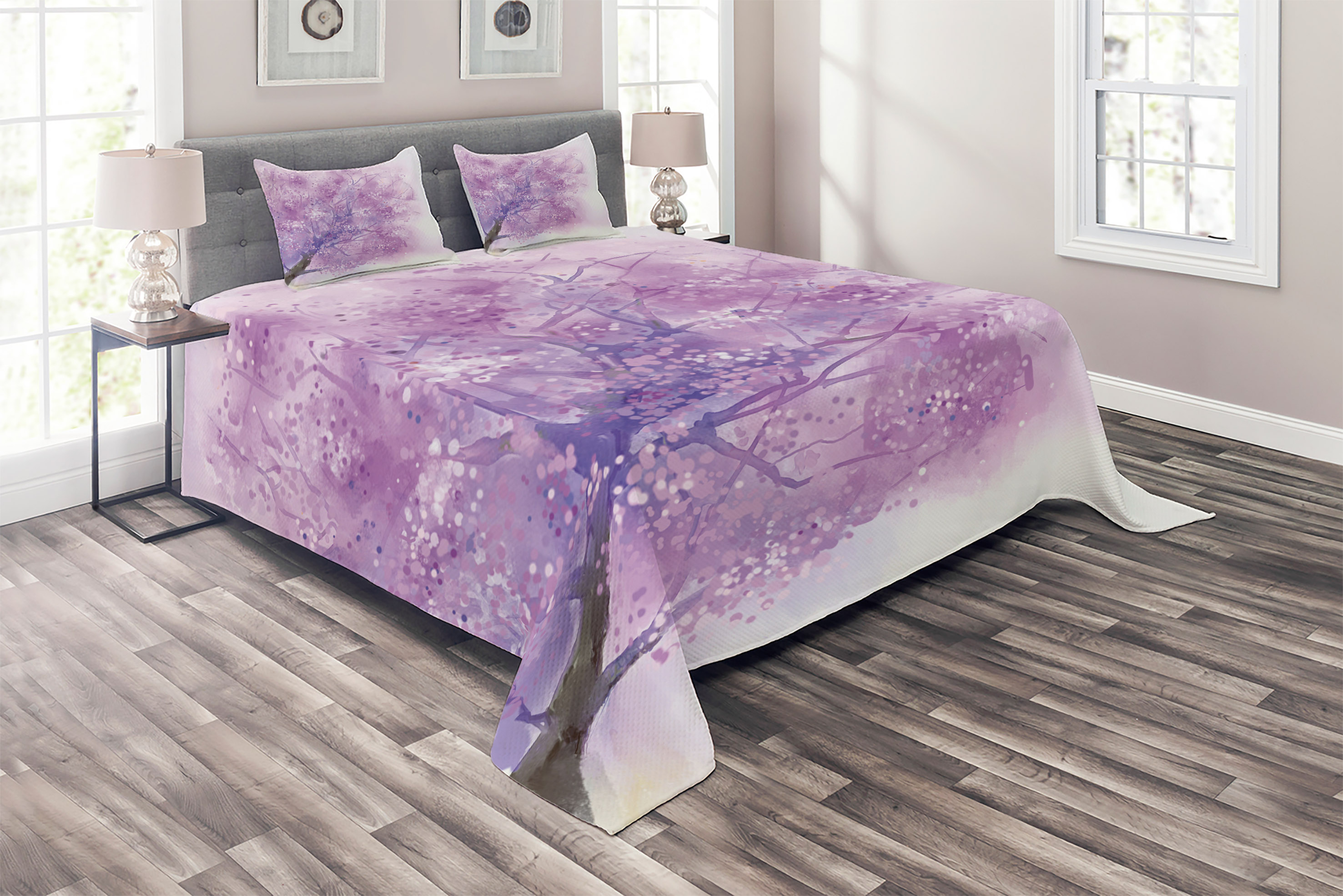 Ambesonne Purple Quilted Coverlet 3 Pcs, Sakura Tree Springtime, King ...